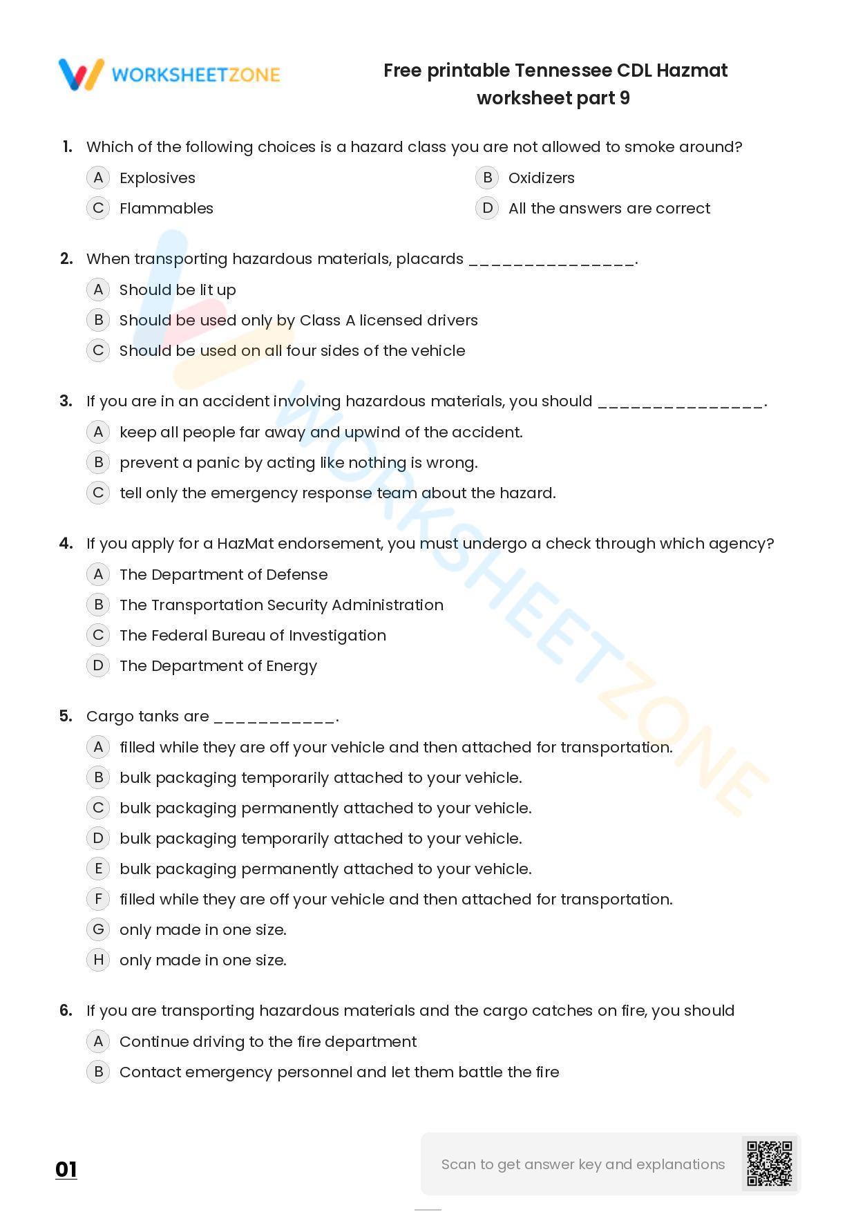 Free Printable Tennessee CDL Hazmat Worksheet Part 9