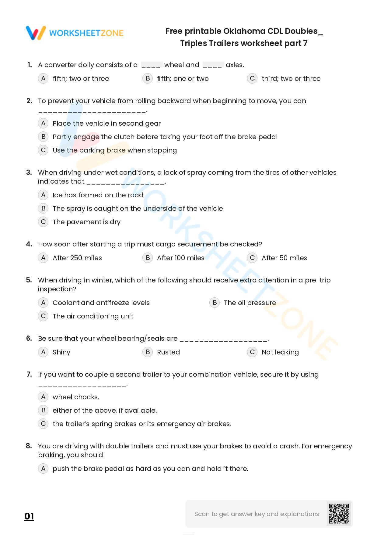 Free Printable Oklahoma CDL Doubles/ Triples Trailers Worksheet Part 7