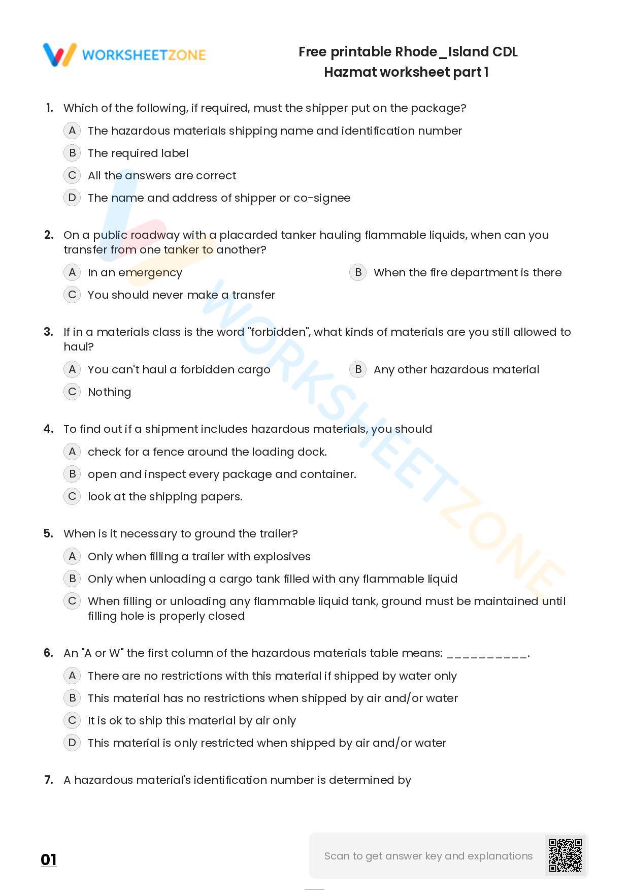 Free printable Rhode/Island CDL Hazmat worksheet part 8 | Worksheet Zone