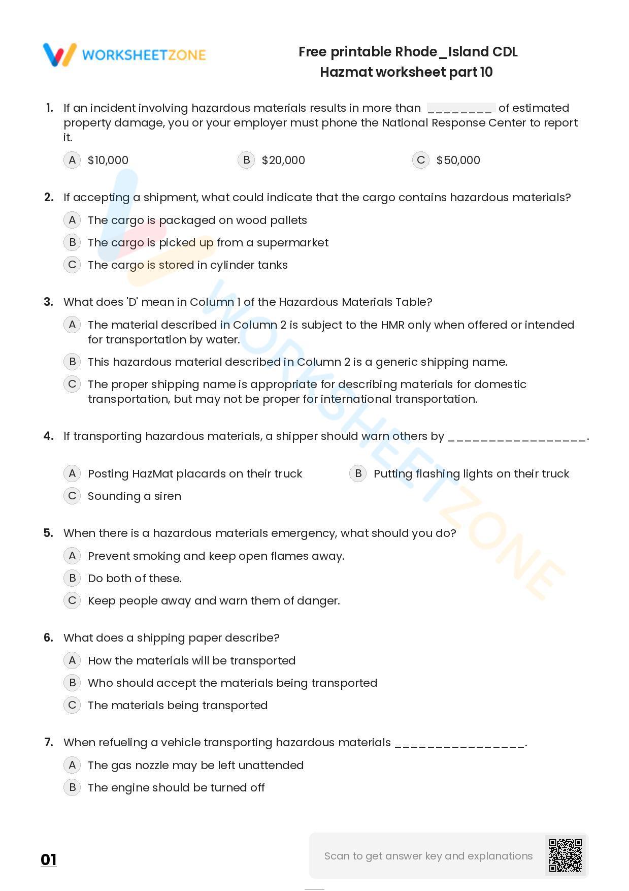 Free printable Rhode/Island CDL Hazmat worksheet part 8 | Worksheet Zone