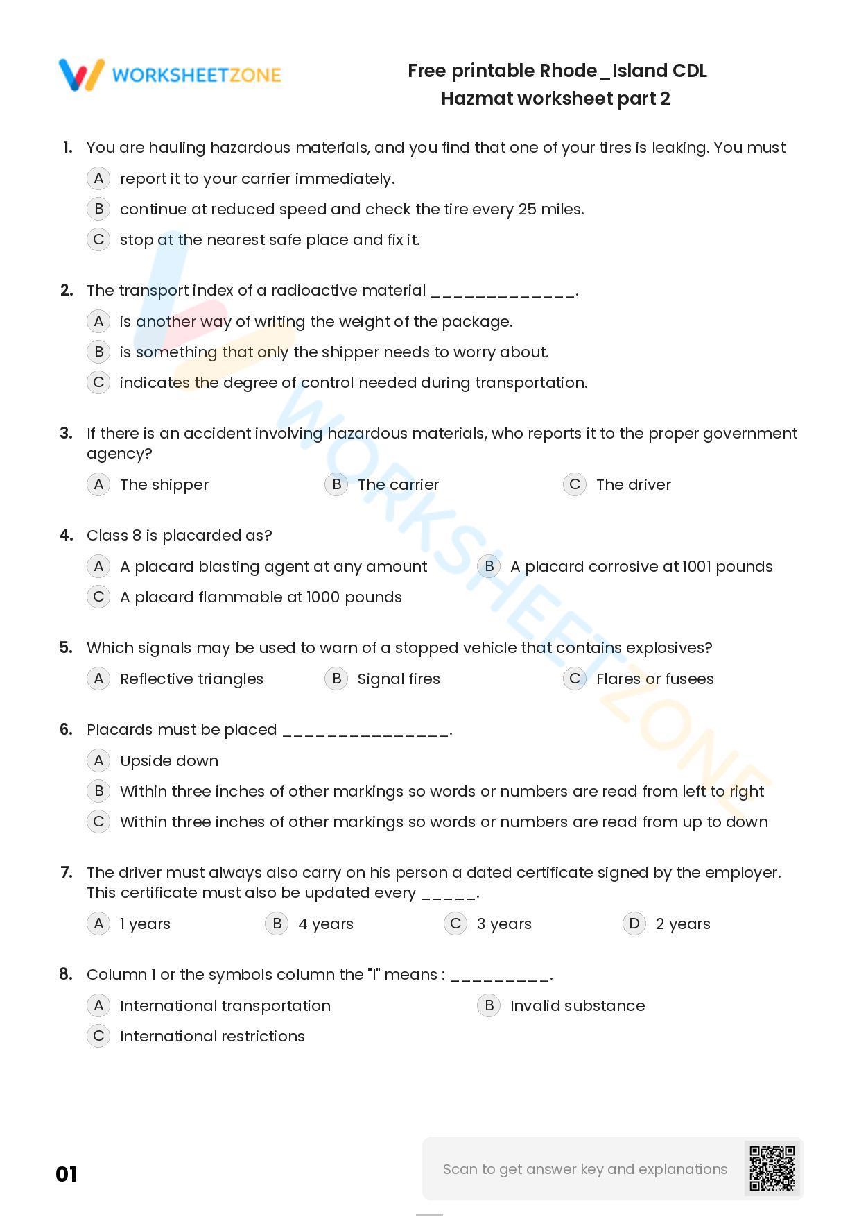 Free printable Rhode/Island CDL Hazmat worksheet part 8 | Worksheet Zone