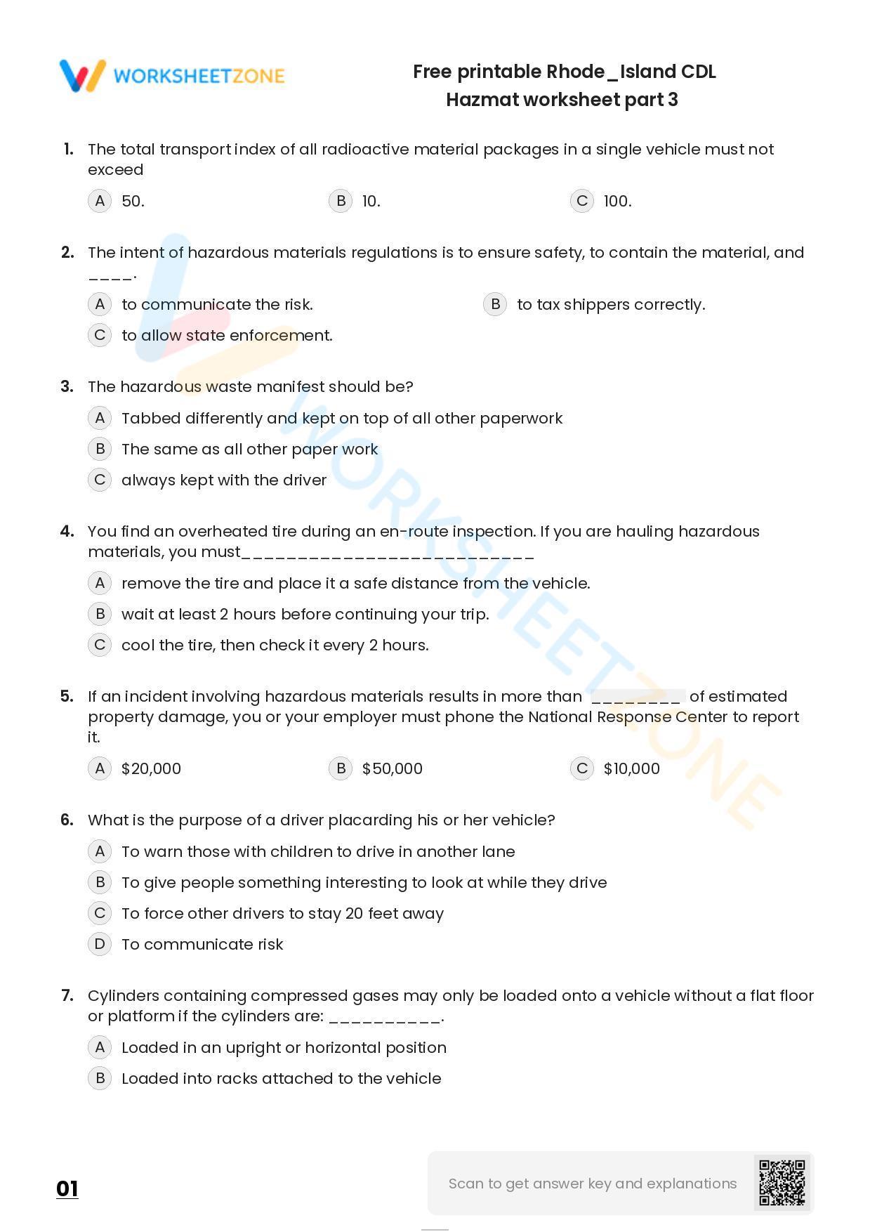 Free printable Rhode/Island CDL Hazmat worksheet part 8 | Worksheet Zone