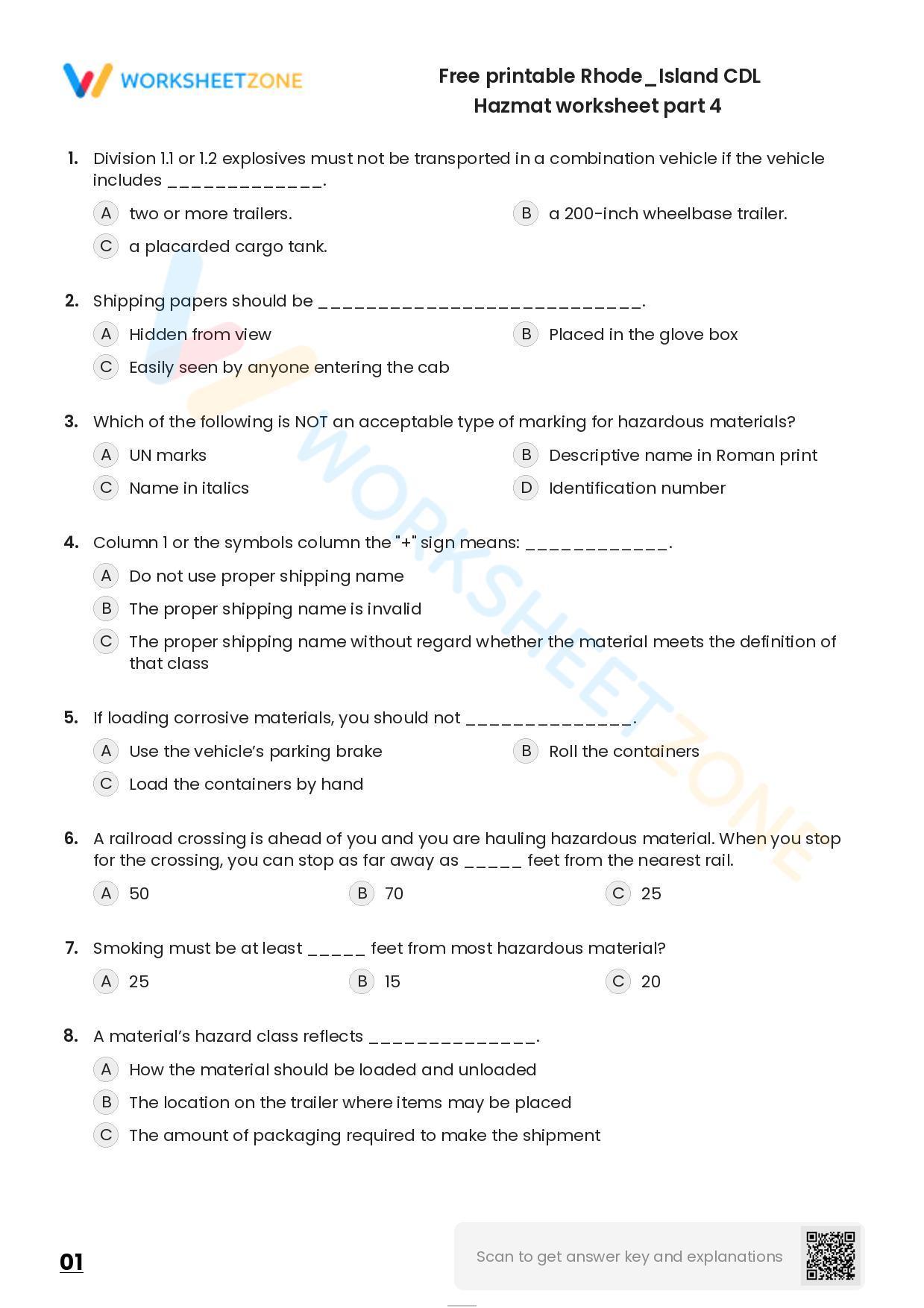 Free Printable Rhode/Island CDL Hazmat Worksheet Part 4