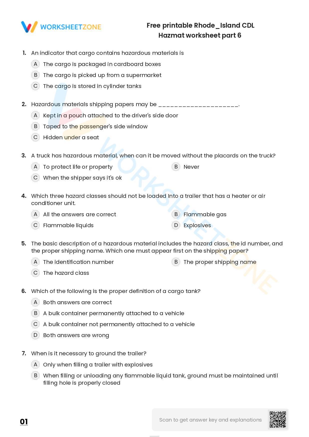 Free printable Rhode/Island CDL Hazmat worksheet part 8 | Worksheet Zone