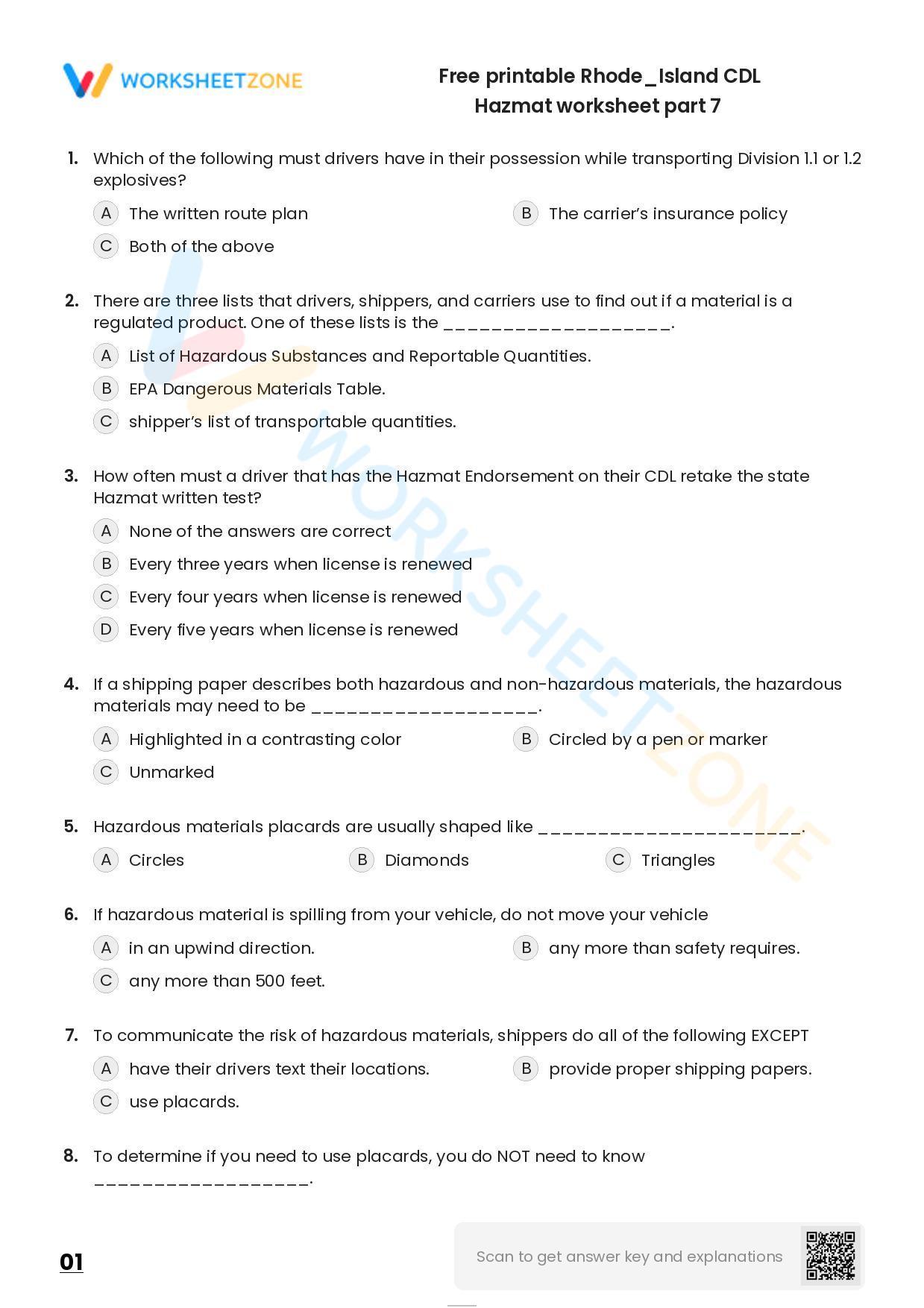 Free Printable Rhode/Island CDL Hazmat Worksheet Part 7