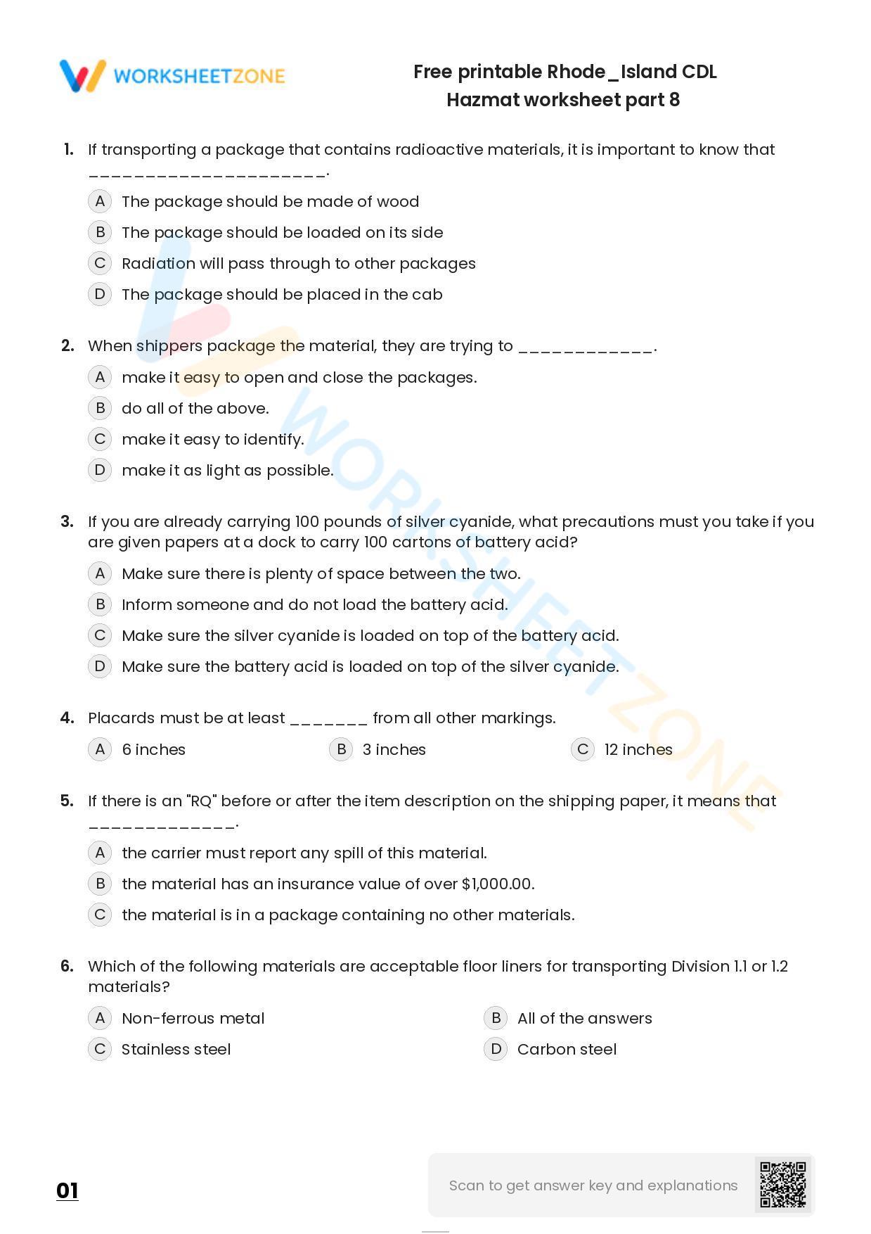 Free printable Rhode/Island CDL Hazmat worksheet part 8 | Worksheetzone