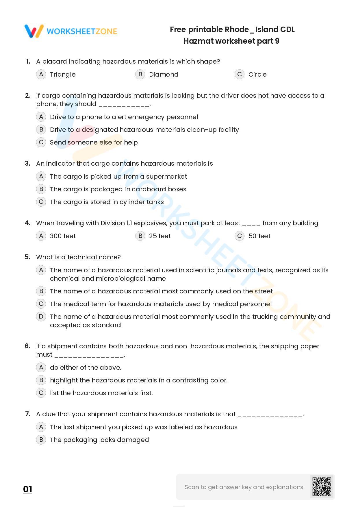 Free printable Rhode/Island CDL Hazmat worksheet part 8 | Worksheet Zone