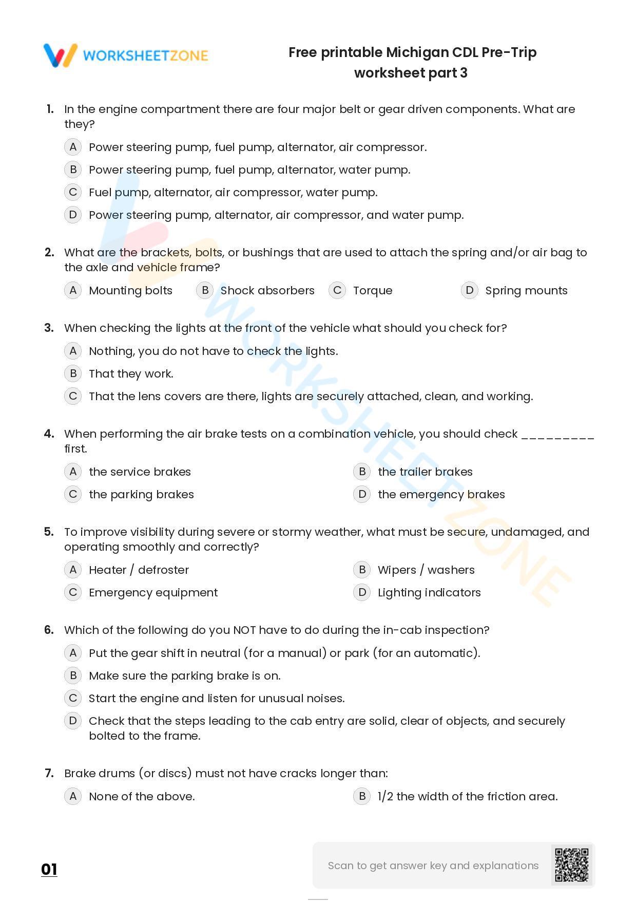 Free printable Michigan CDL Pre-Trip worksheet part 1 | Worksheet Zone