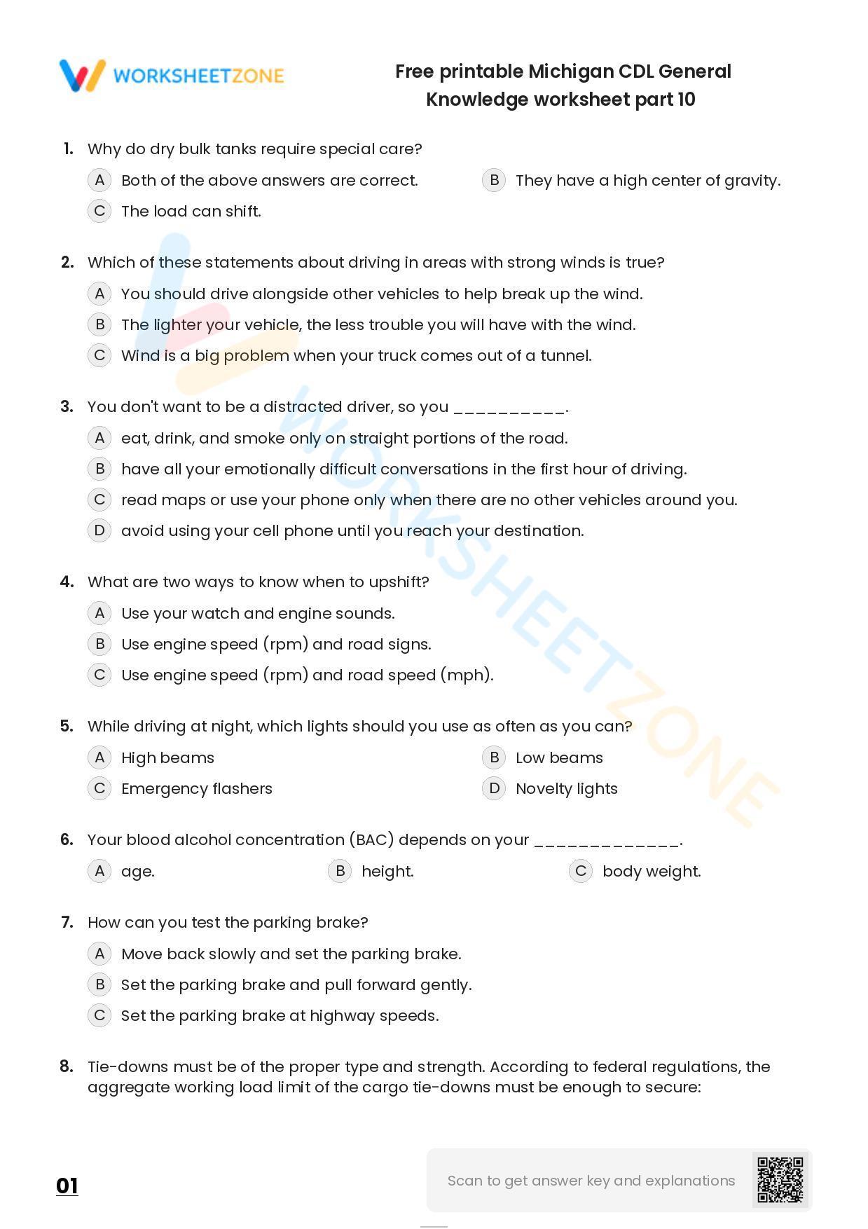 Free Printable Michigan Cdl General Knowledge Worksheet Part 2