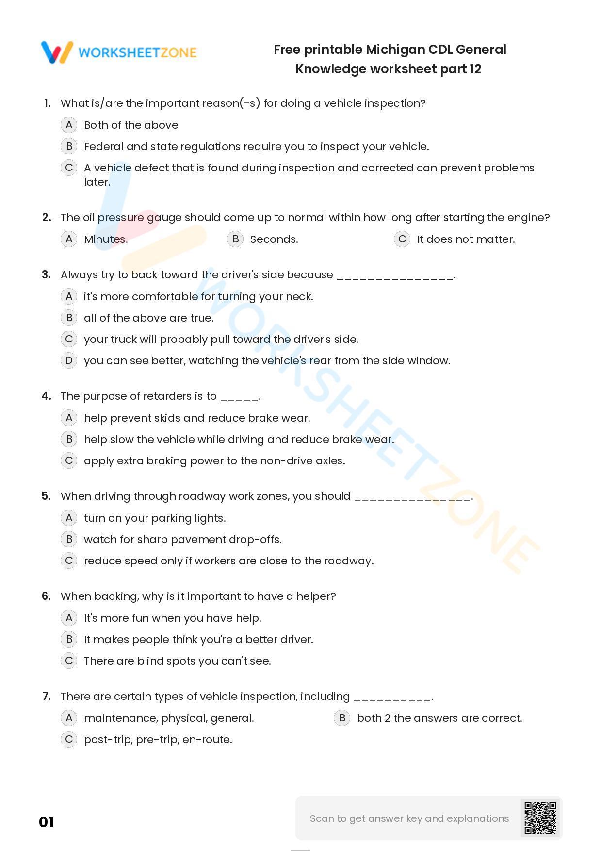 Free Printable Michigan Cdl General Knowledge Worksheet Part 1