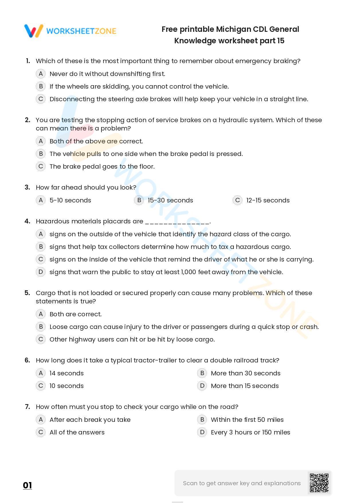 Free Printable Michigan CDL General Knowledge Worksheet Part 15