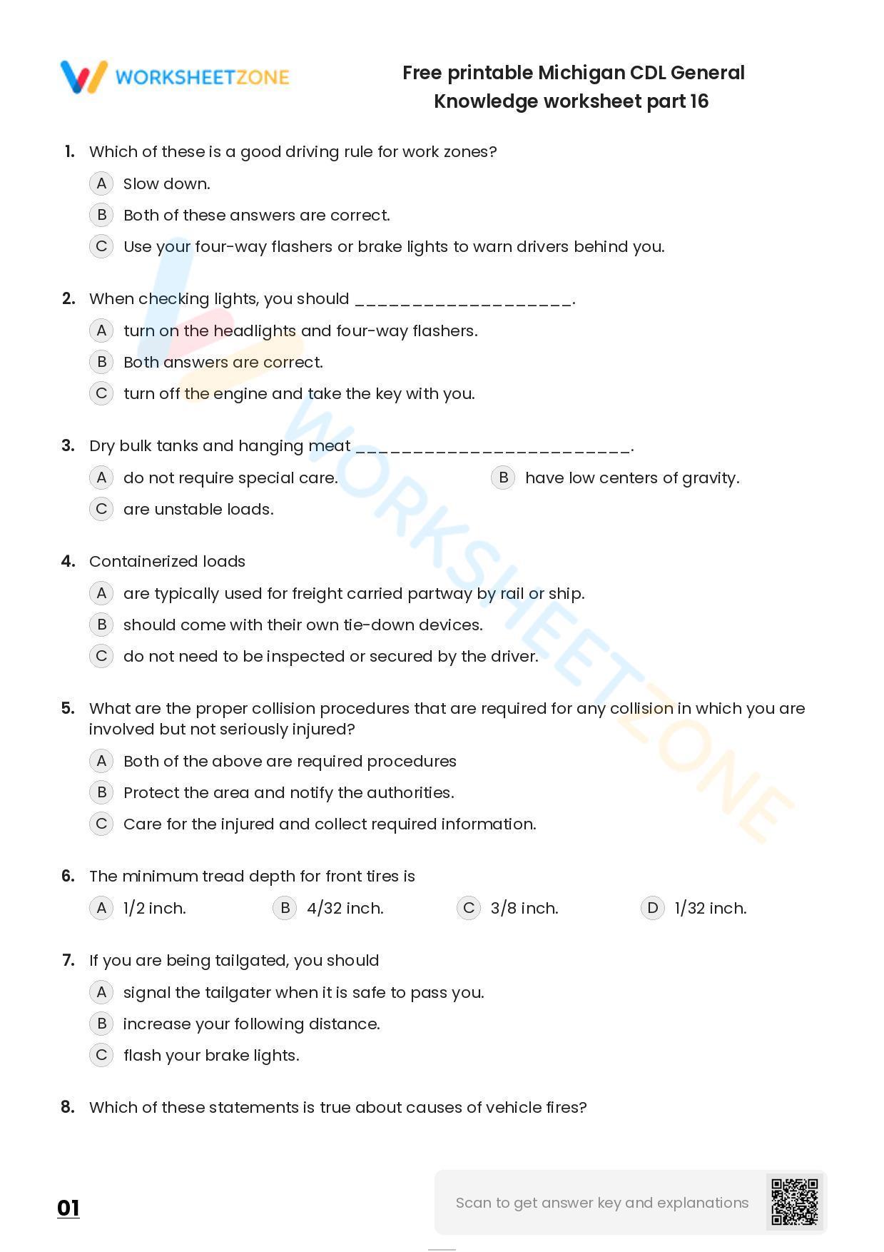 Free Printable Michigan Cdl General Knowledge Worksheet Part 16