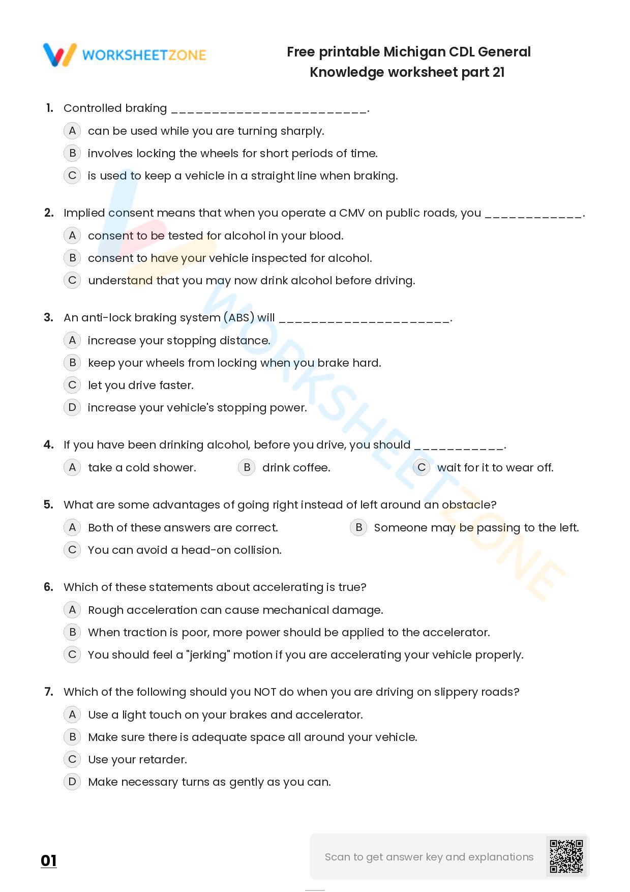 Free Printable Michigan Cdl General Knowledge Worksheet Part 21