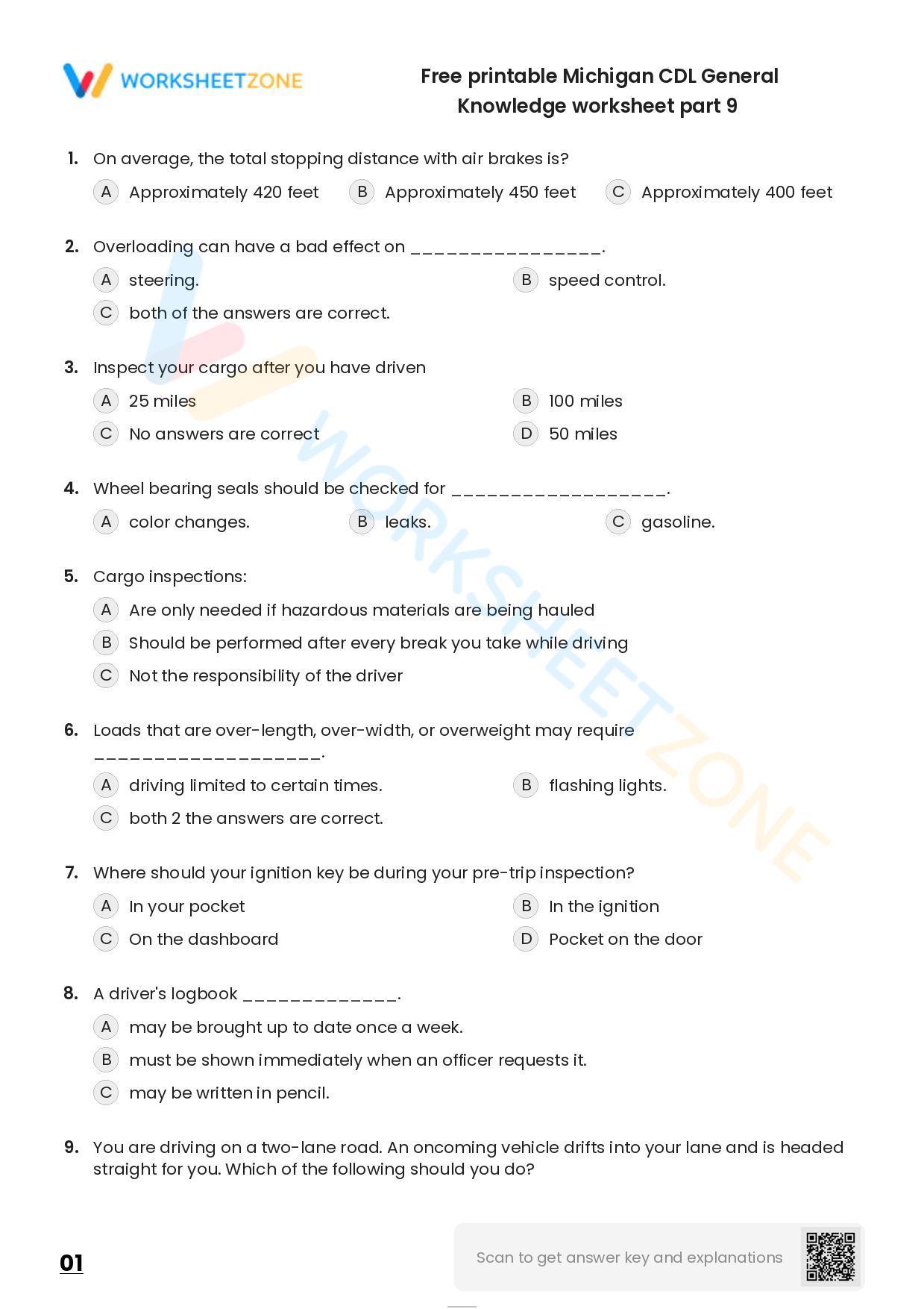 Free Printable Michigan CDL General Knowledge Worksheet Part 9