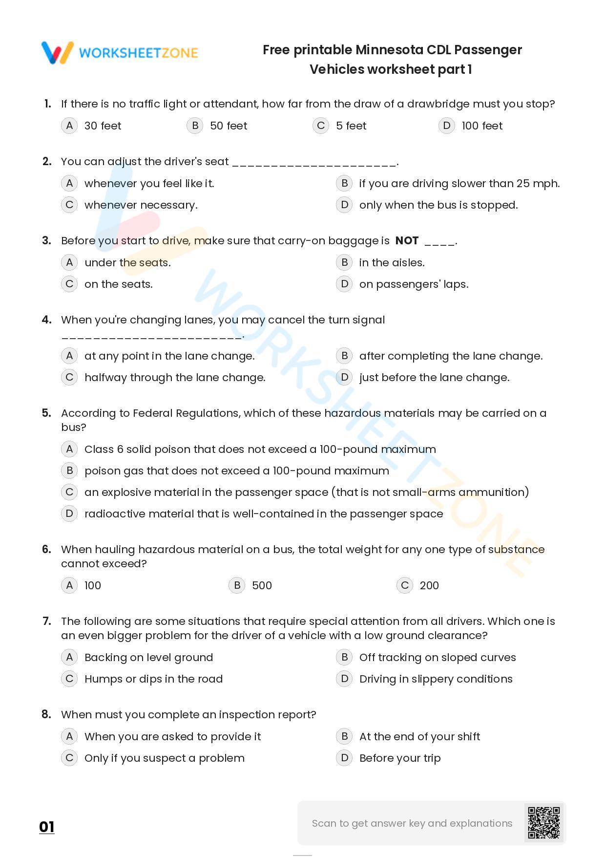 Free Printable Minnesota CDL Passenger Vehicles Worksheet Part 1