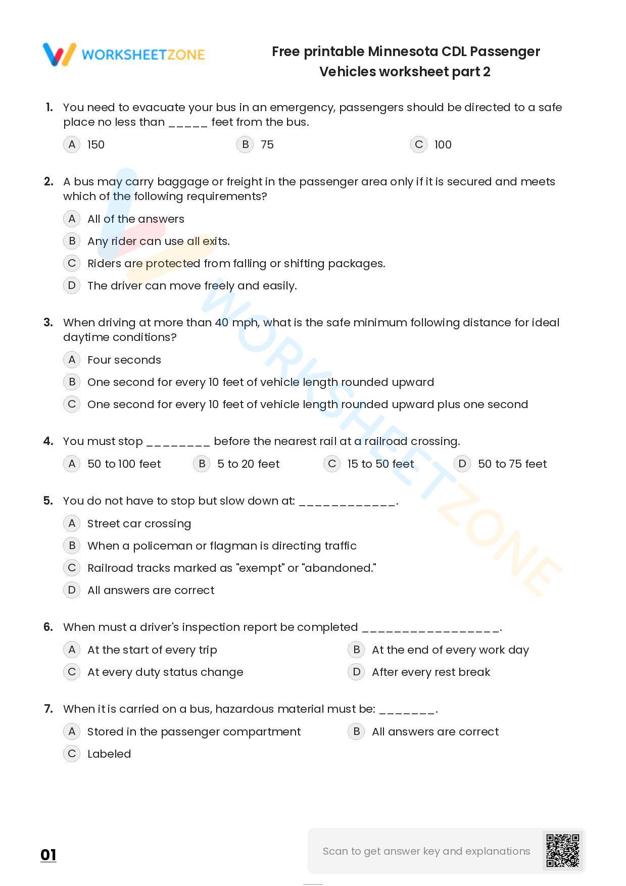 Free Printable Minnesota CDL Passenger Vehicles Worksheet Part 2