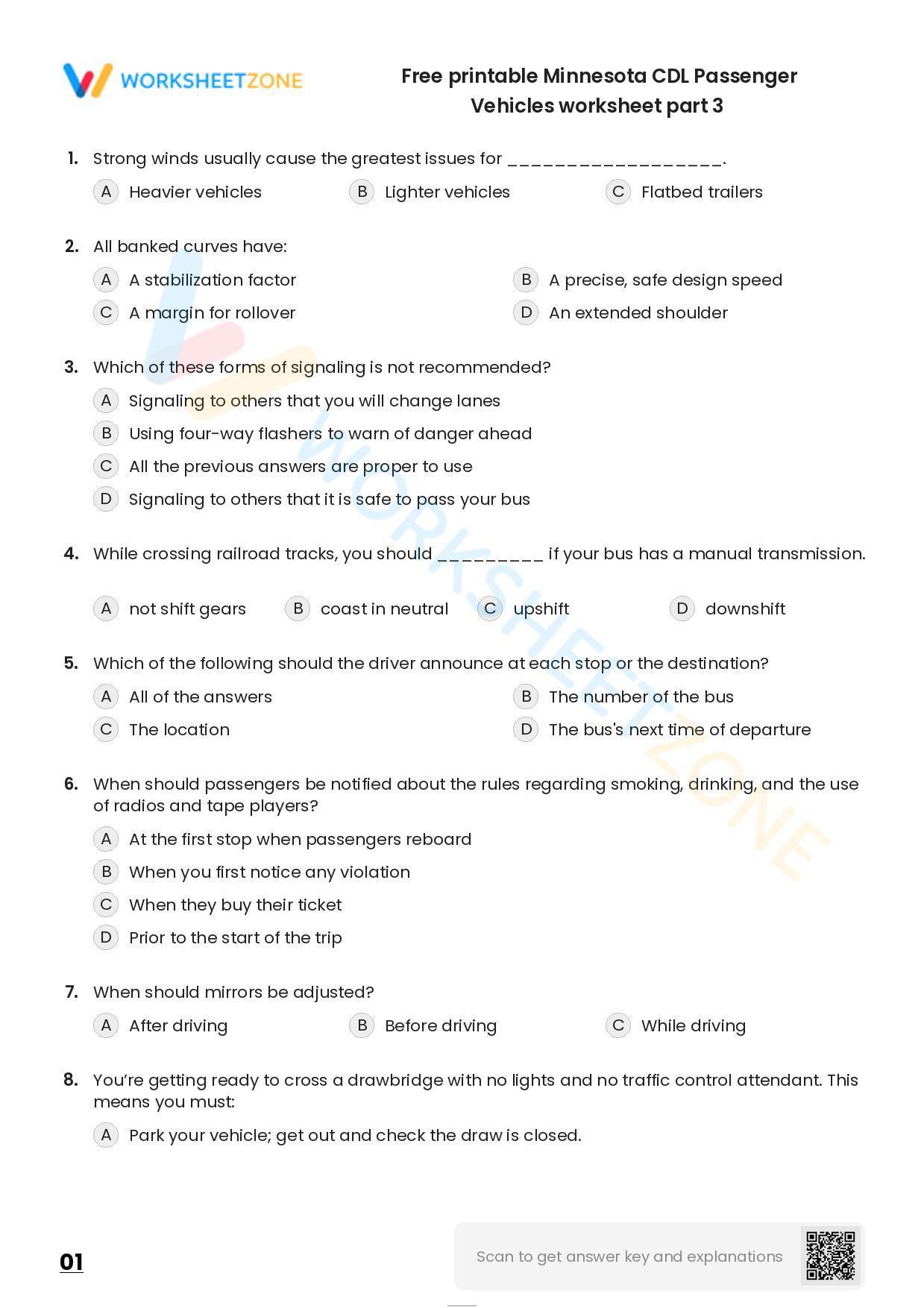 Free Printable Minnesota CDL Passenger Vehicles Worksheet Part 3