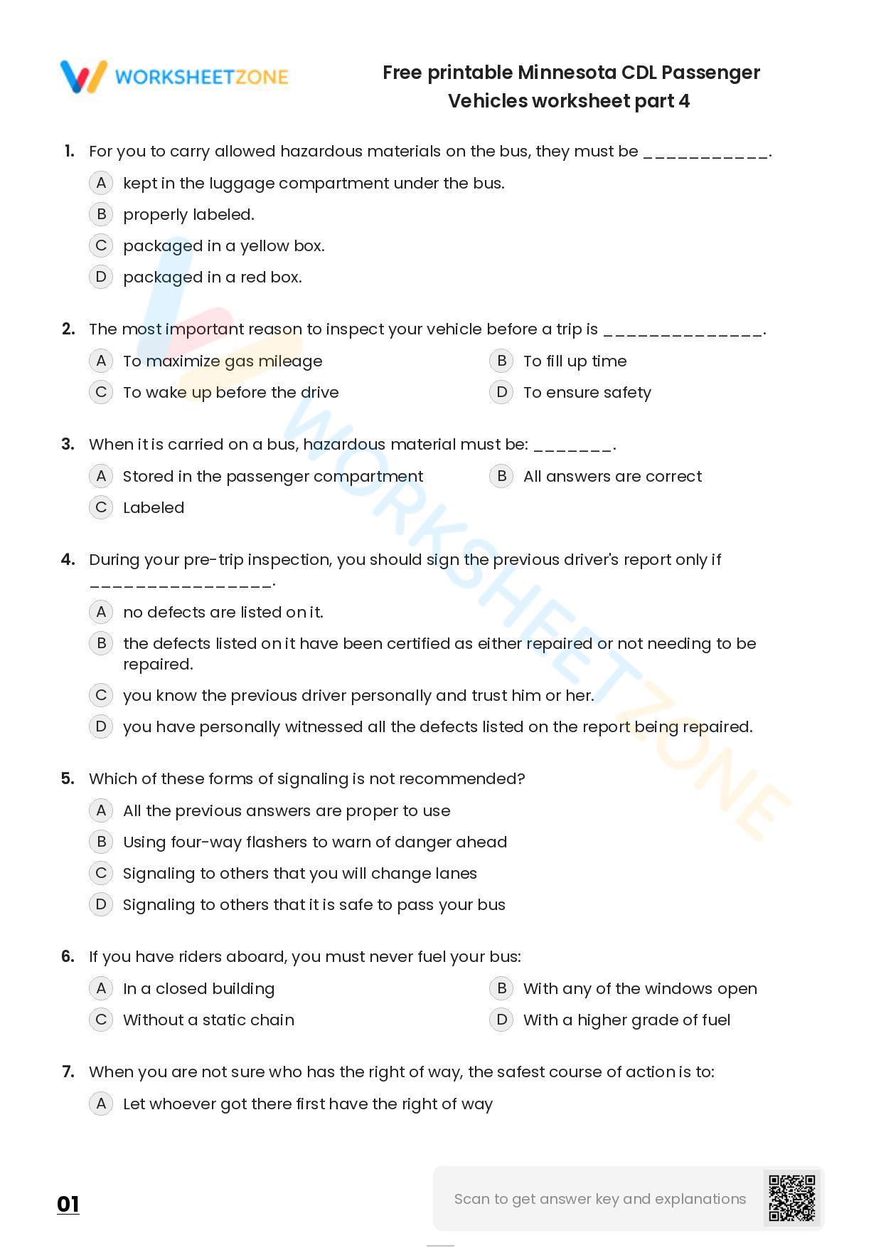 Free Printable Minnesota CDL Passenger Vehicles Worksheet Part 4