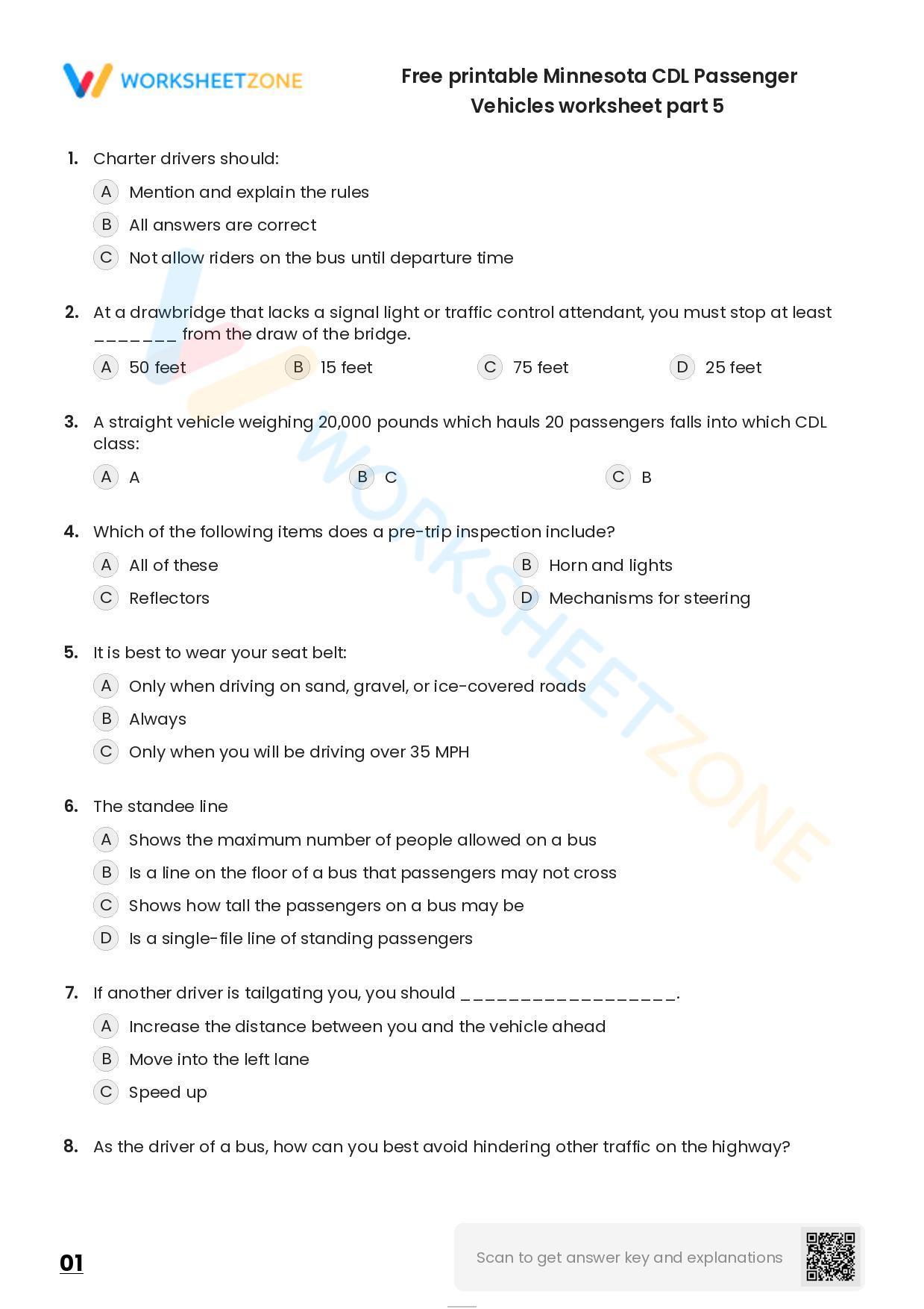 Free Printable Minnesota CDL Passenger Vehicles Worksheet Part 5