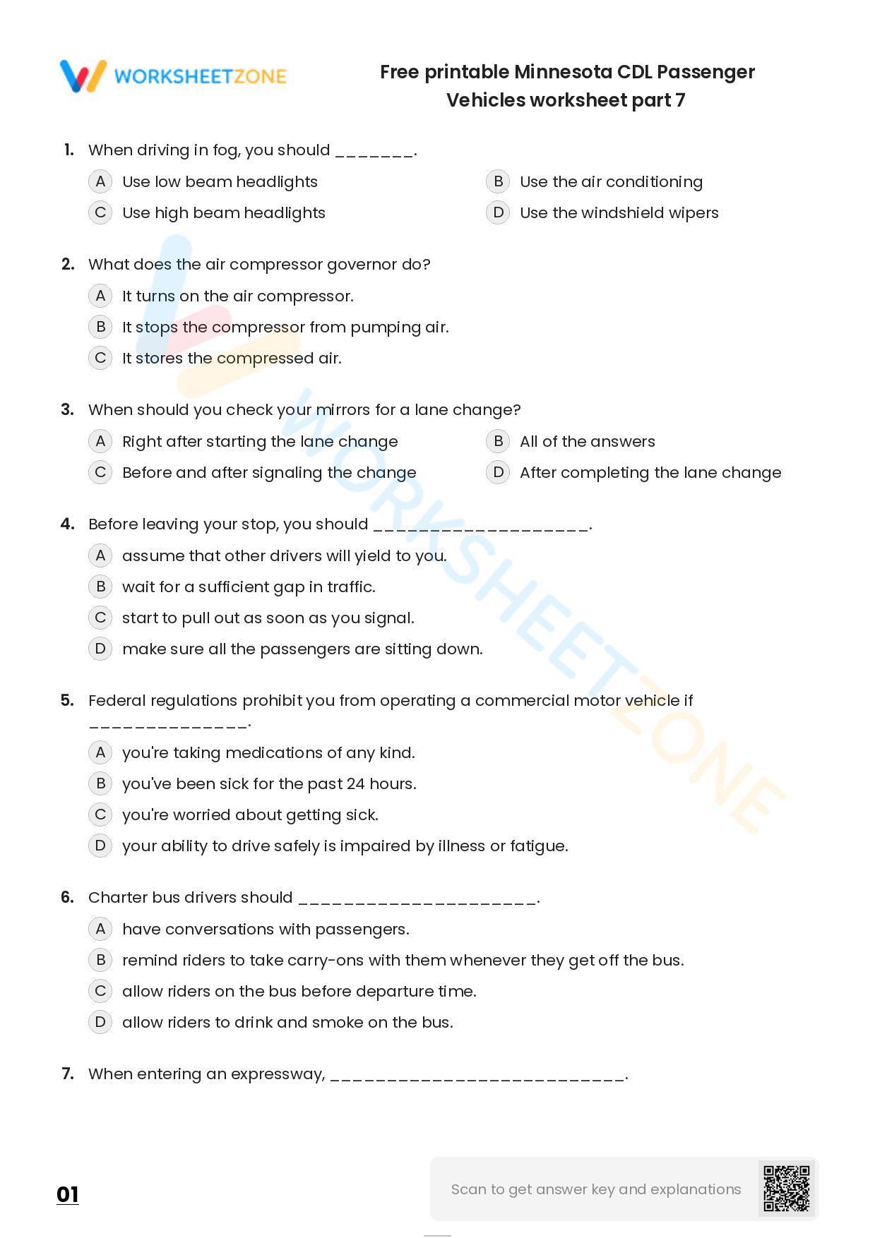 Free Printable Minnesota CDL Passenger Vehicles Worksheet Part 7