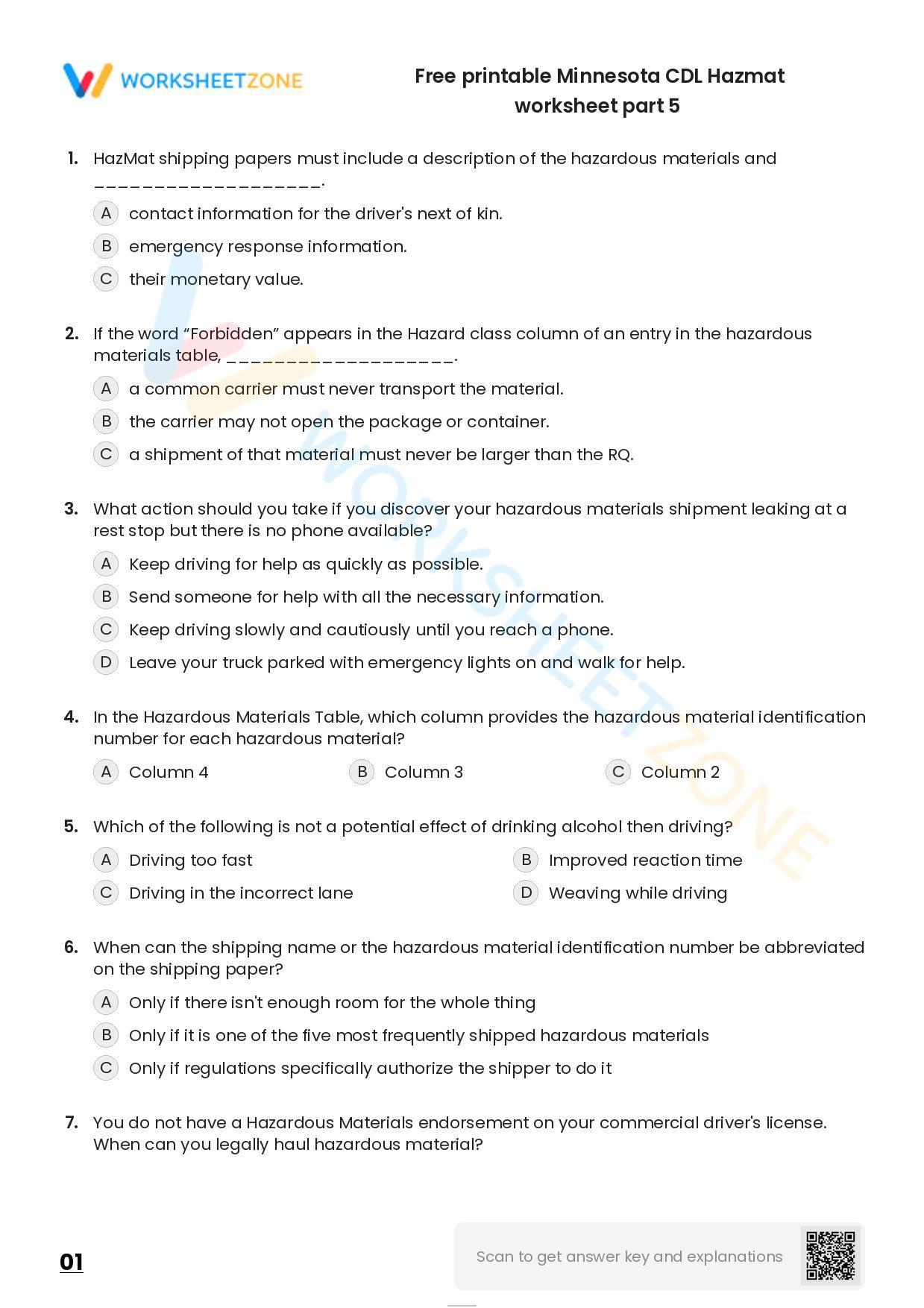 Free Printable Minnesota CDL Hazmat Worksheet Part 5