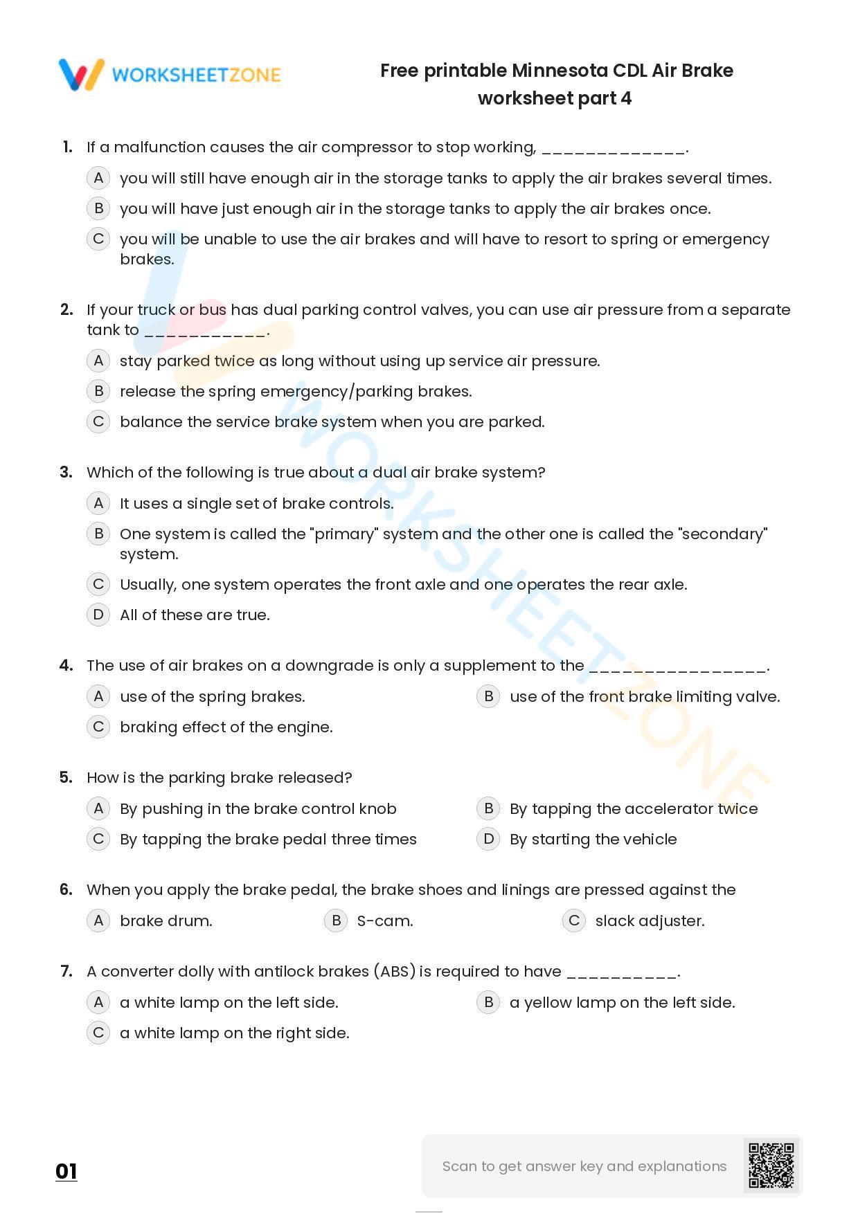 Free Printable Minnesota CDL Air Brake Worksheet Part 4