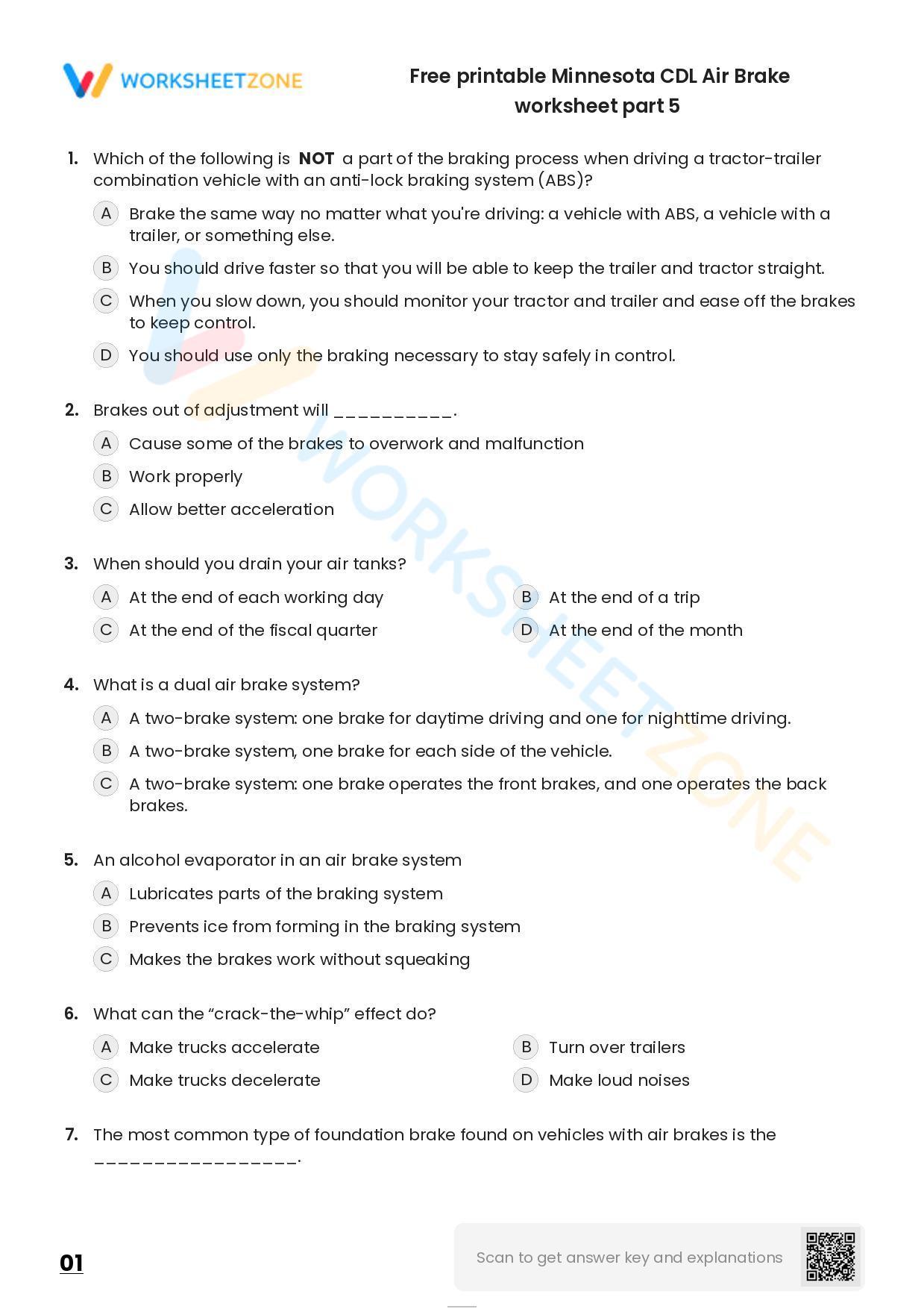 Free Printable Minnesota CDL Air Brake Worksheet Part 5