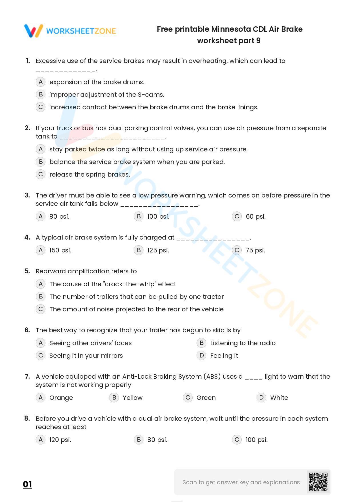 Free Printable Minnesota CDL Air Brake Worksheet Part 9