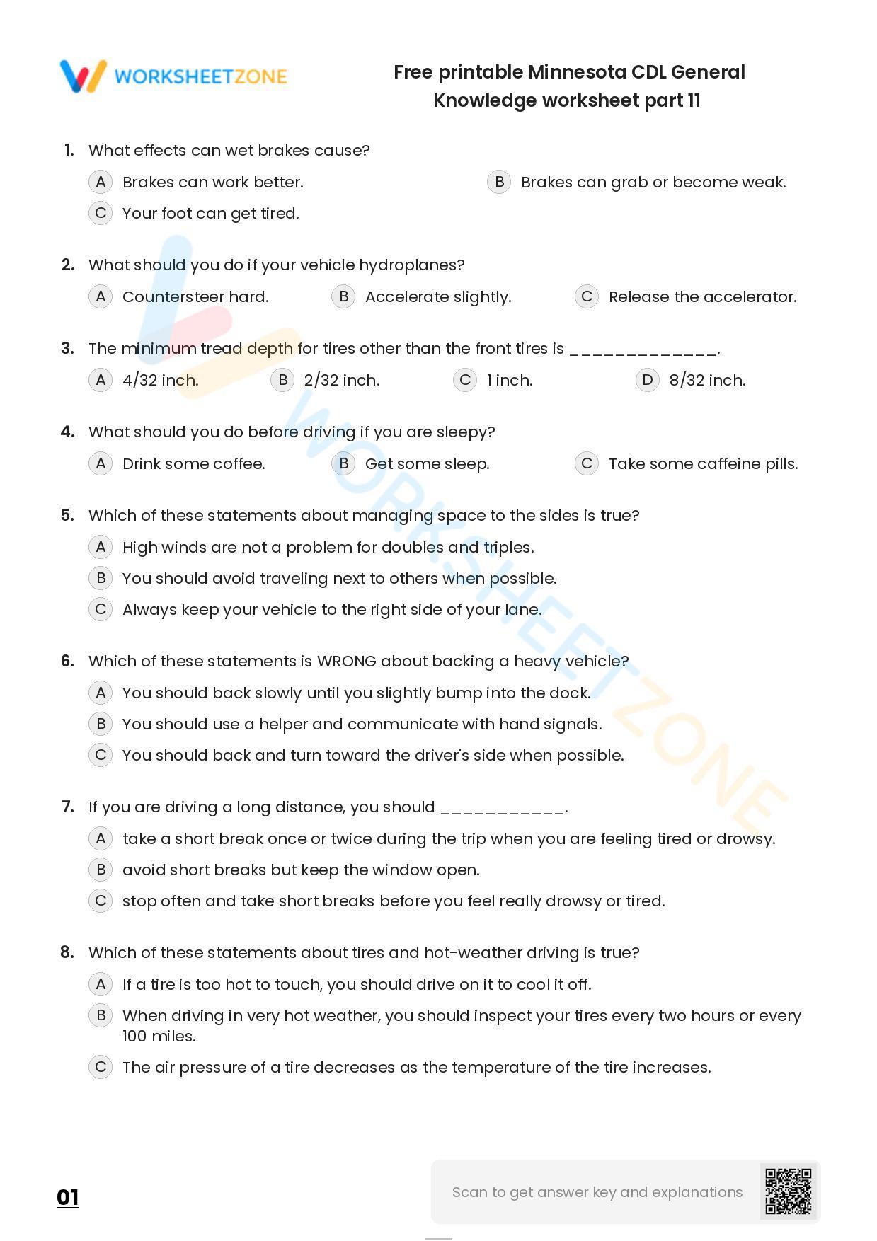 Free Printable Minnesota CDL General Knowledge Worksheet Part 11