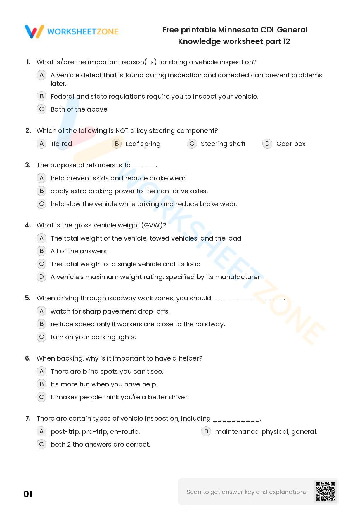Free Printable Minnesota CDL General Knowledge Worksheet Part 12