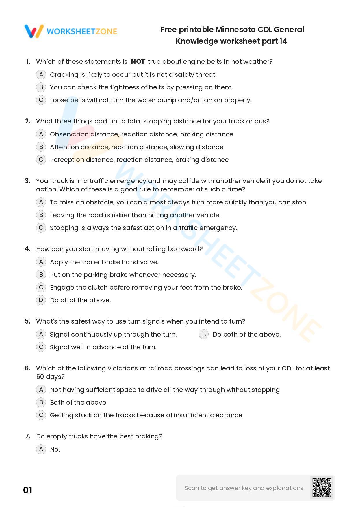 Free Printable Minnesota CDL General Knowledge Worksheet Part 14