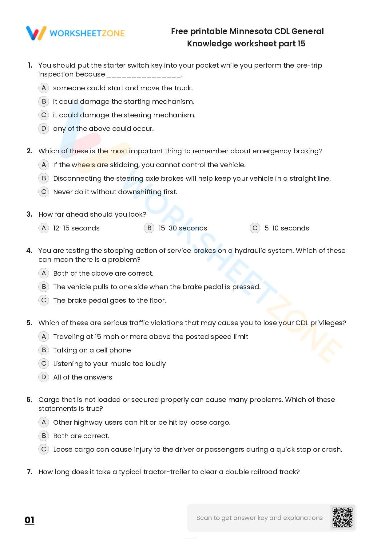 Free Printable Minnesota CDL General Knowledge Worksheet Part 15
