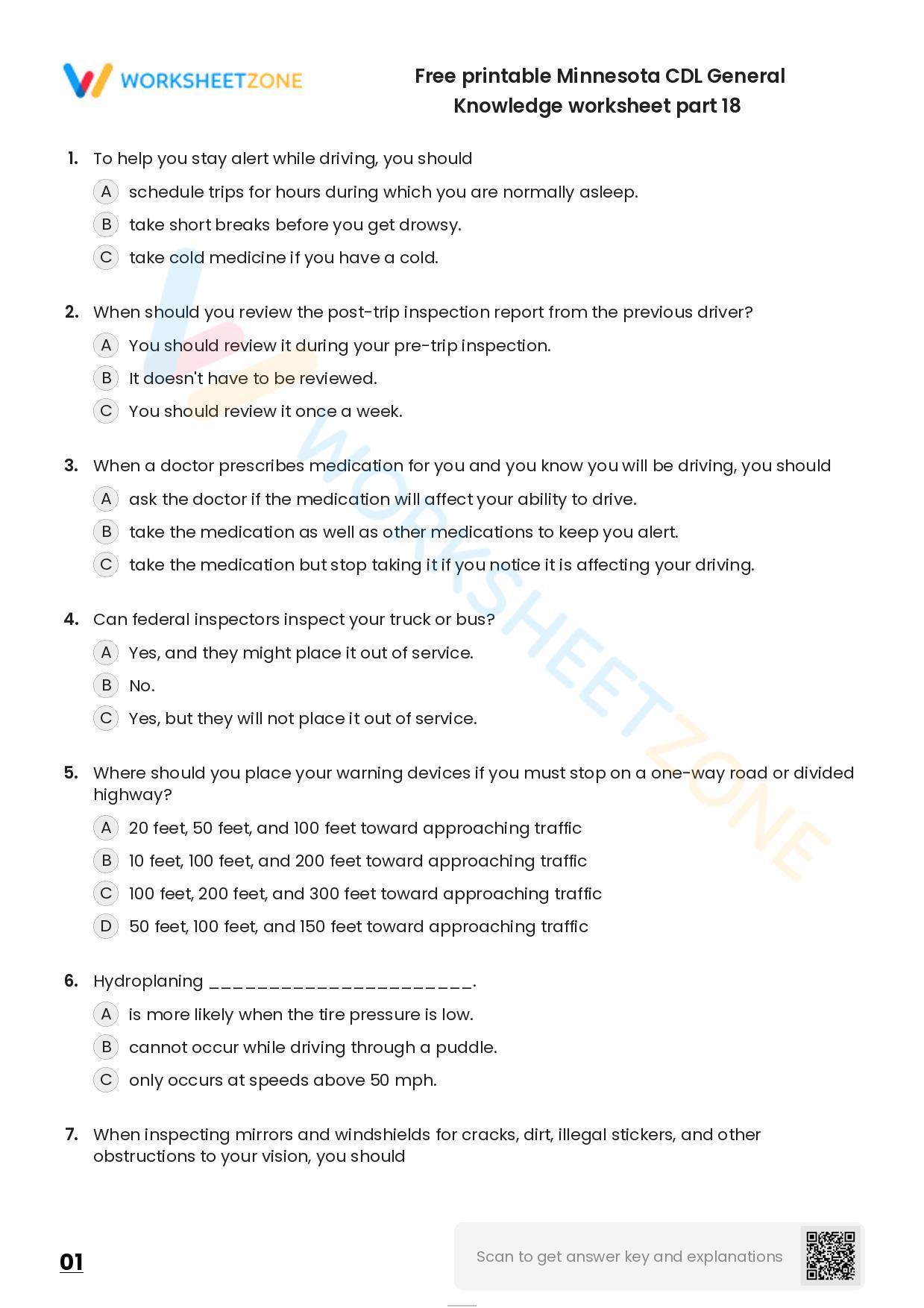 Free Printable Minnesota CDL General Knowledge Worksheet Part 18