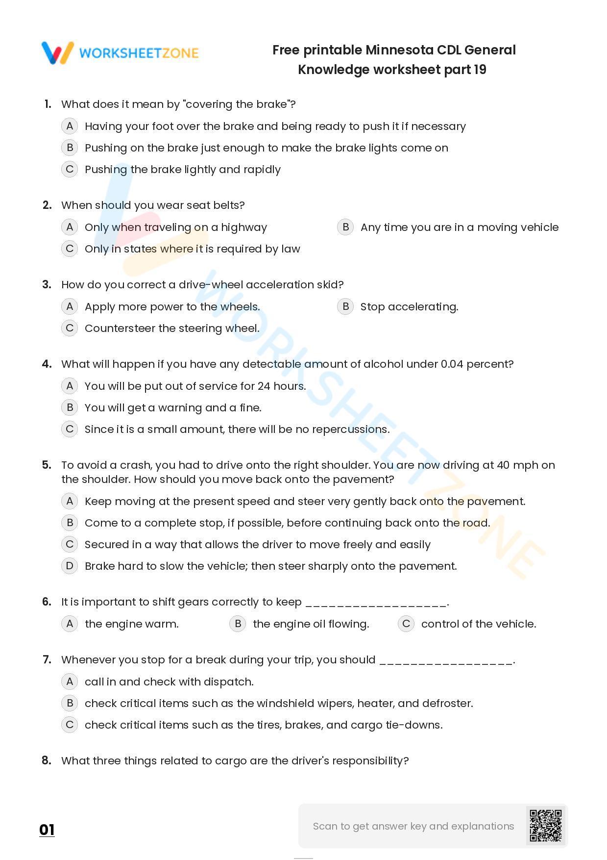 Free Printable Minnesota CDL General Knowledge Worksheet Part 19