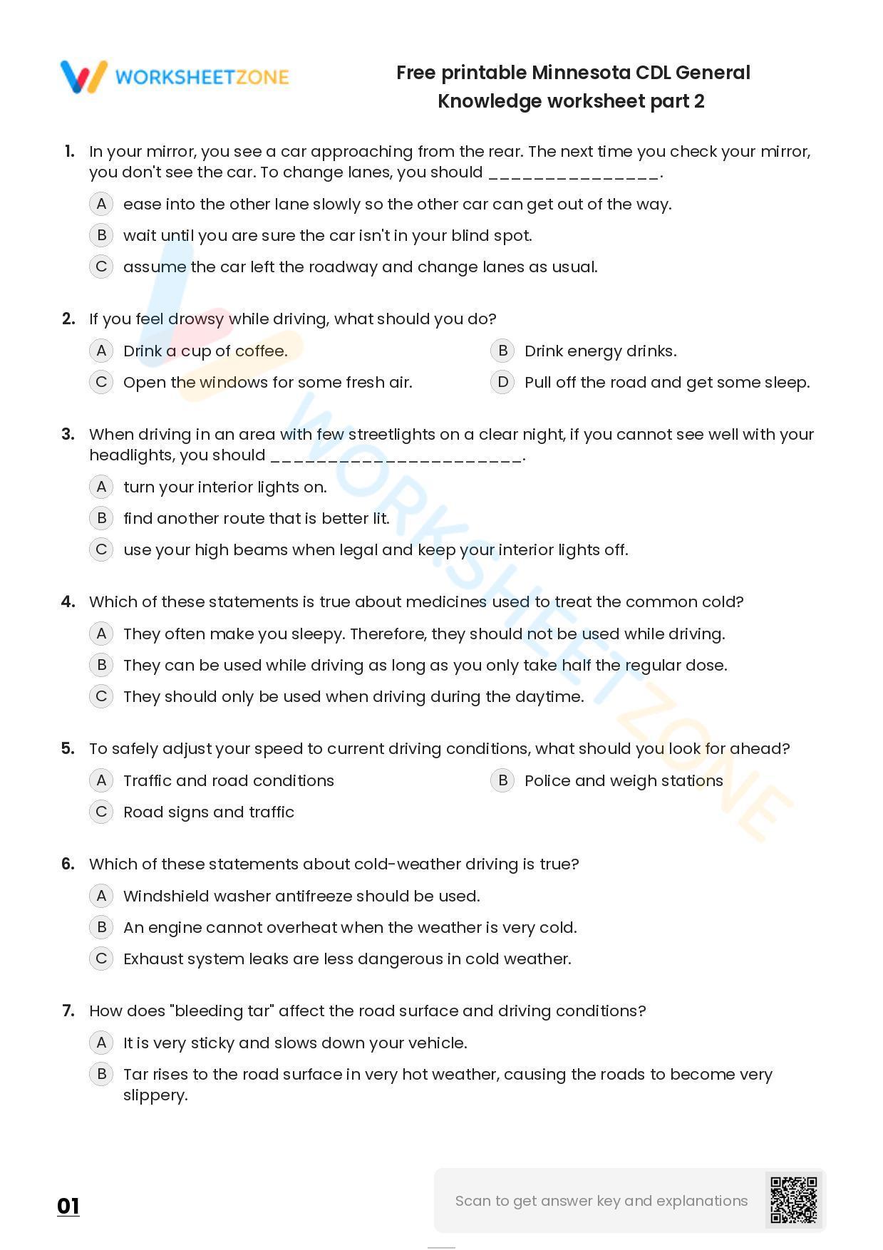 Free Printable Minnesota CDL General Knowledge Worksheet Part 2