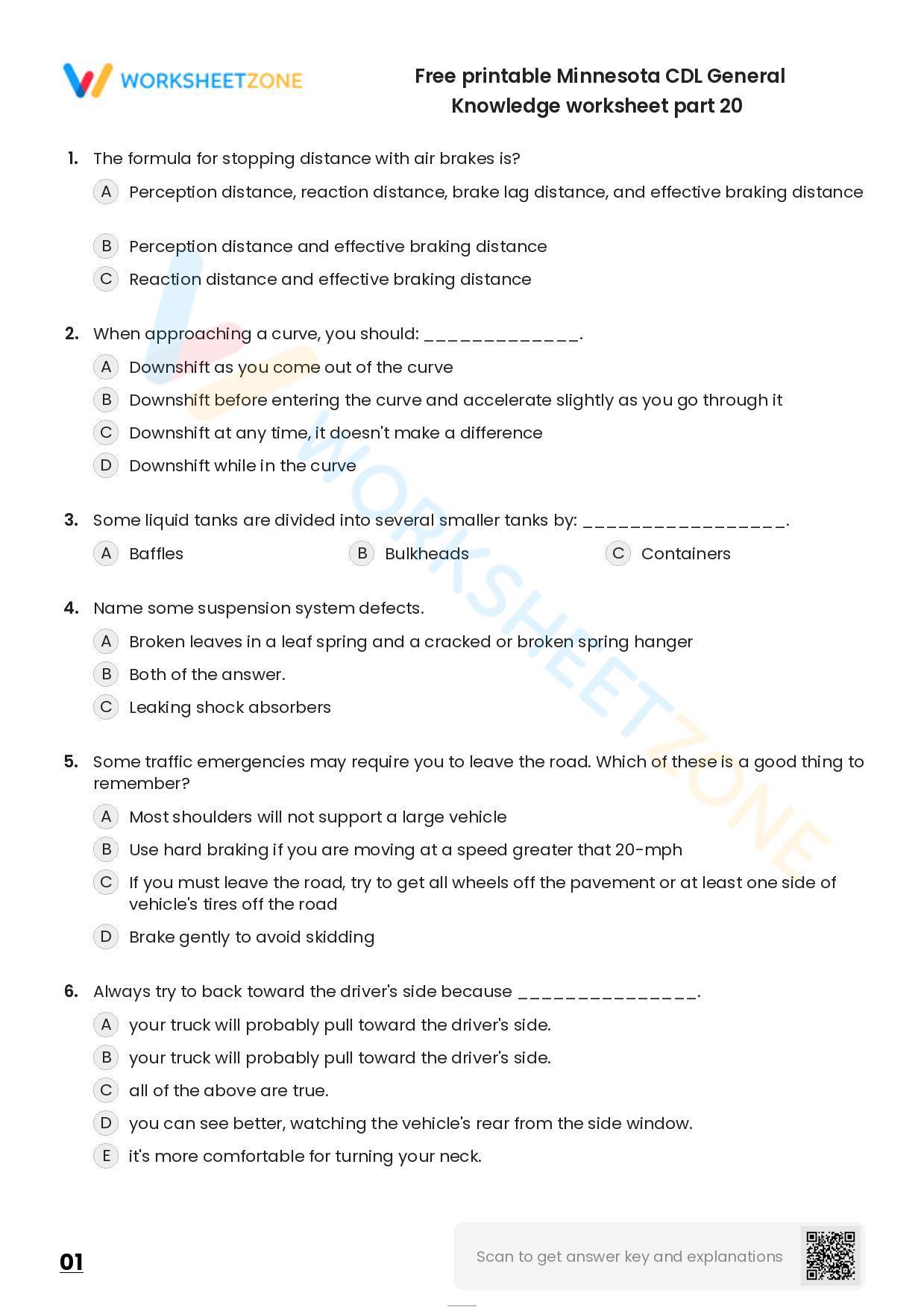 Free Printable Minnesota CDL General Knowledge Worksheet Part 20