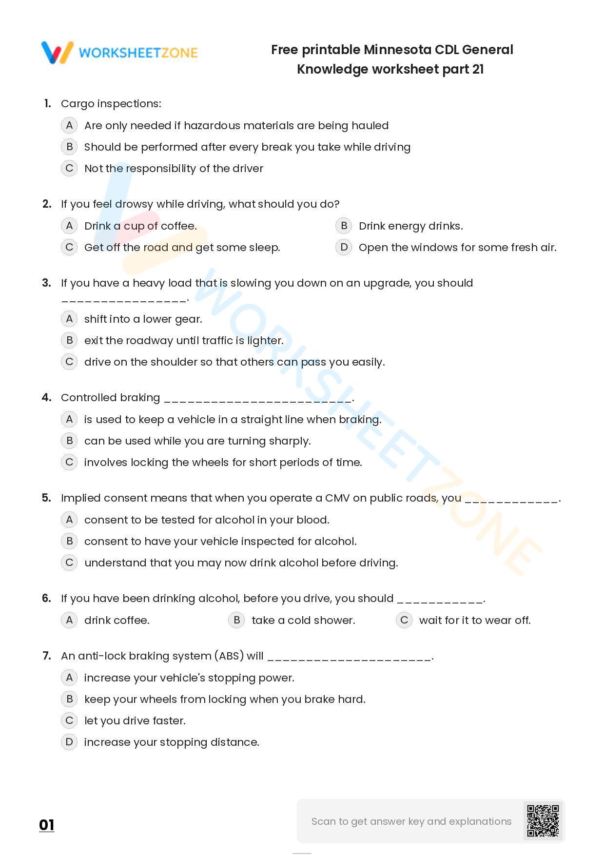 Free Printable Minnesota CDL General Knowledge Worksheet Part 21