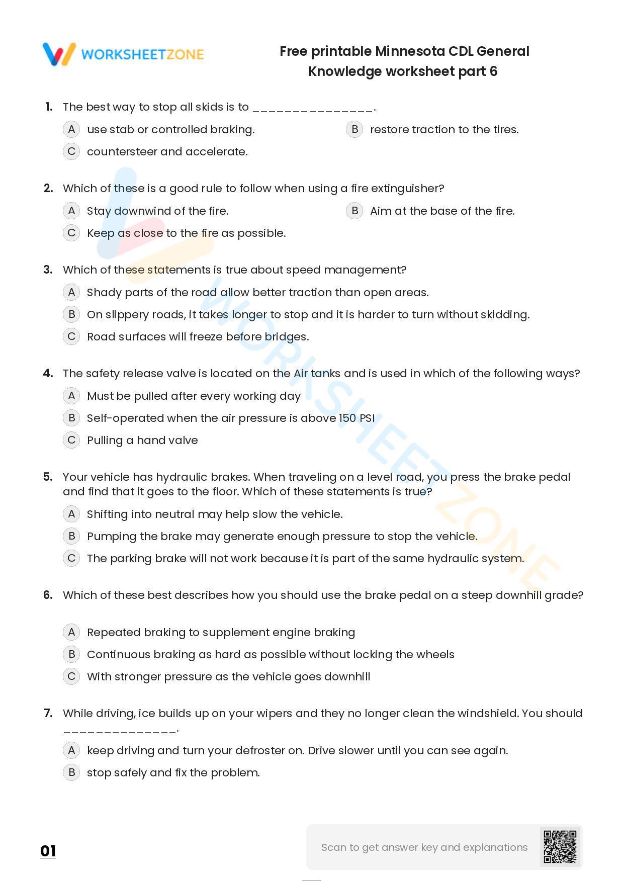 Free Printable Minnesota CDL General Knowledge Worksheet Part 6
