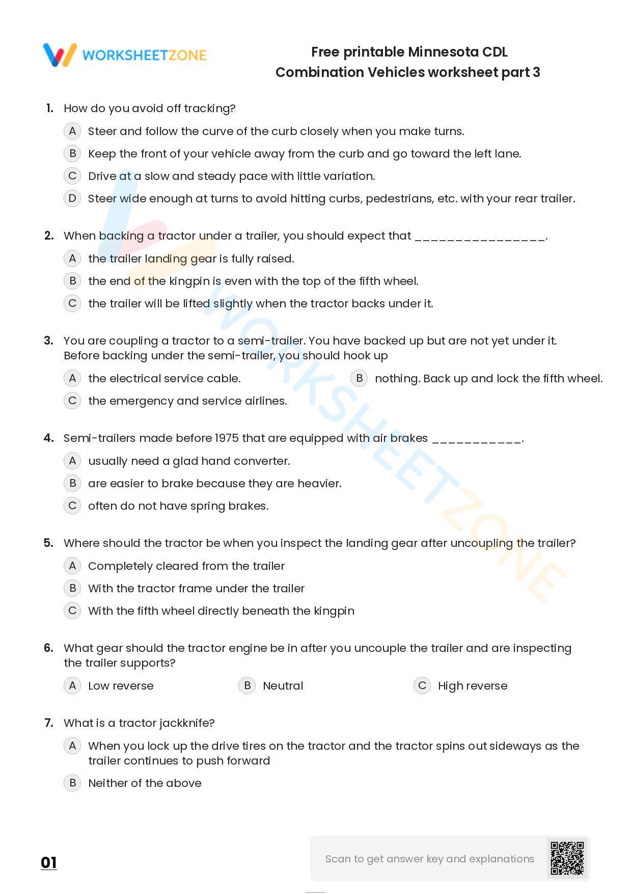 Free Printable Minnesota CDL Combination Vehicles Worksheet Part 3