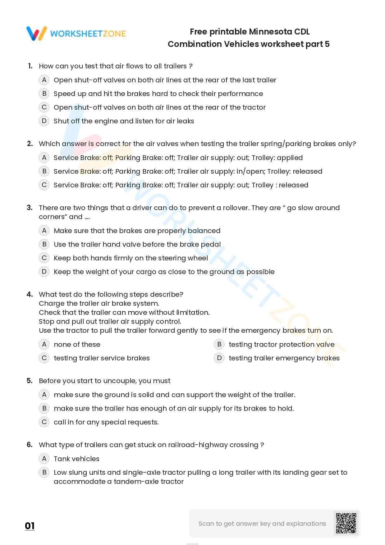 Free Printable Minnesota CDL Combination Vehicles Worksheet Part 5