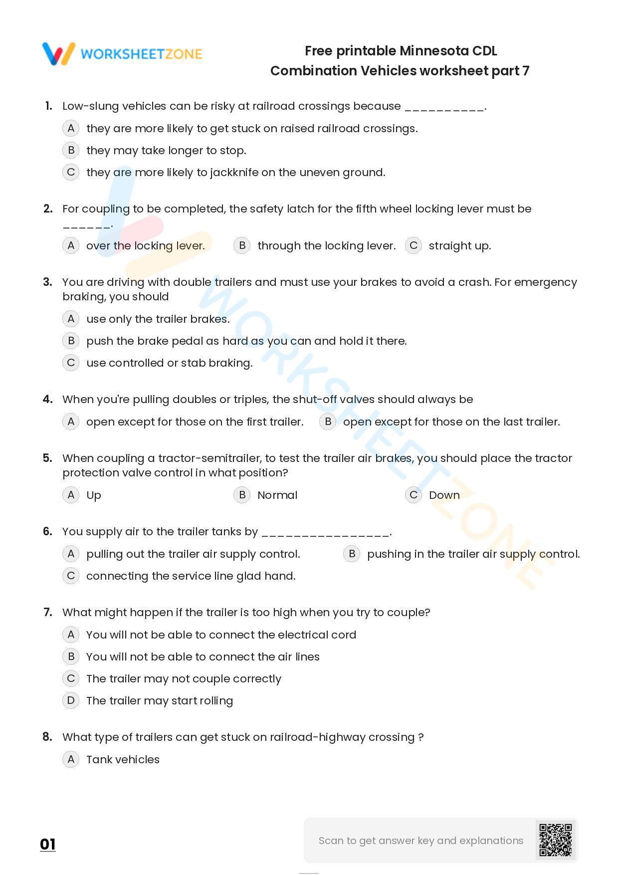 Free Printable Minnesota CDL Combination Vehicles Worksheet Part 7
