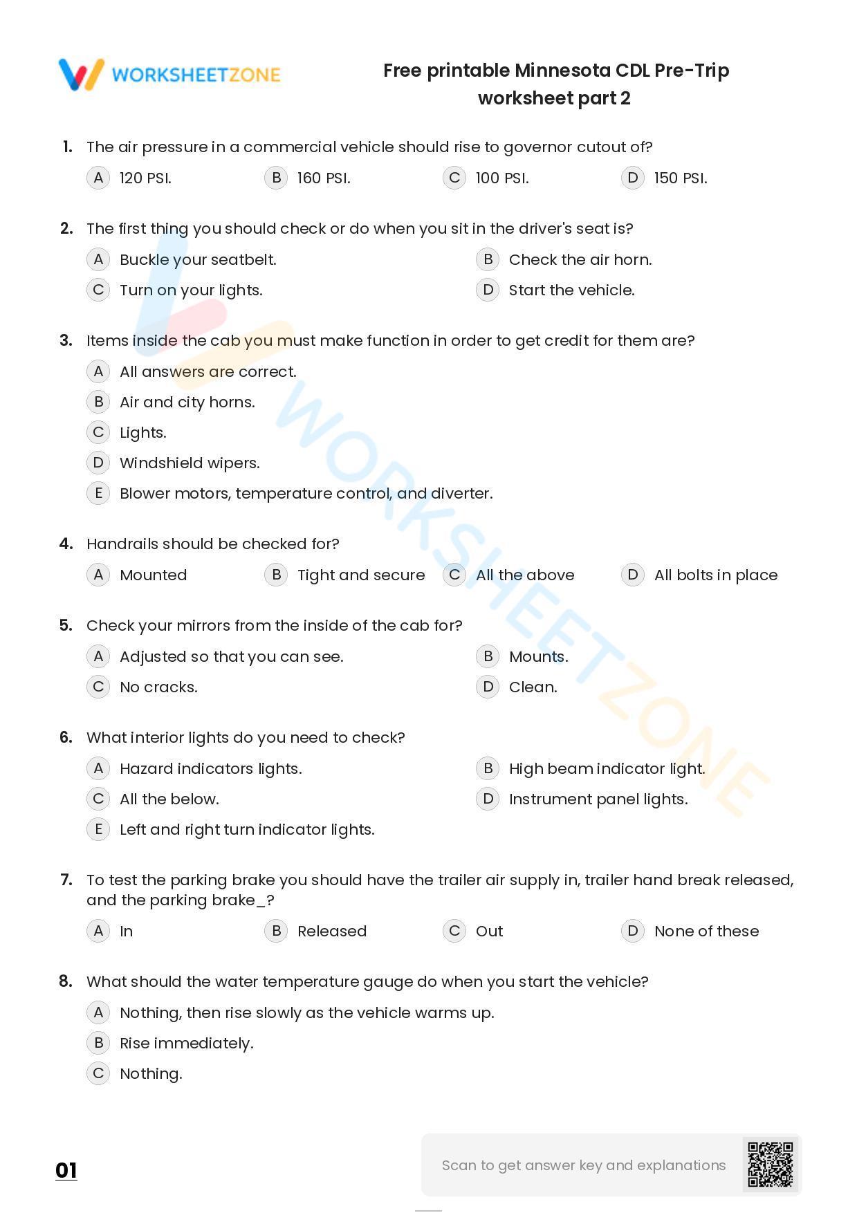Free Printable Minnesota CDL Pre-Trip Worksheet Part 2