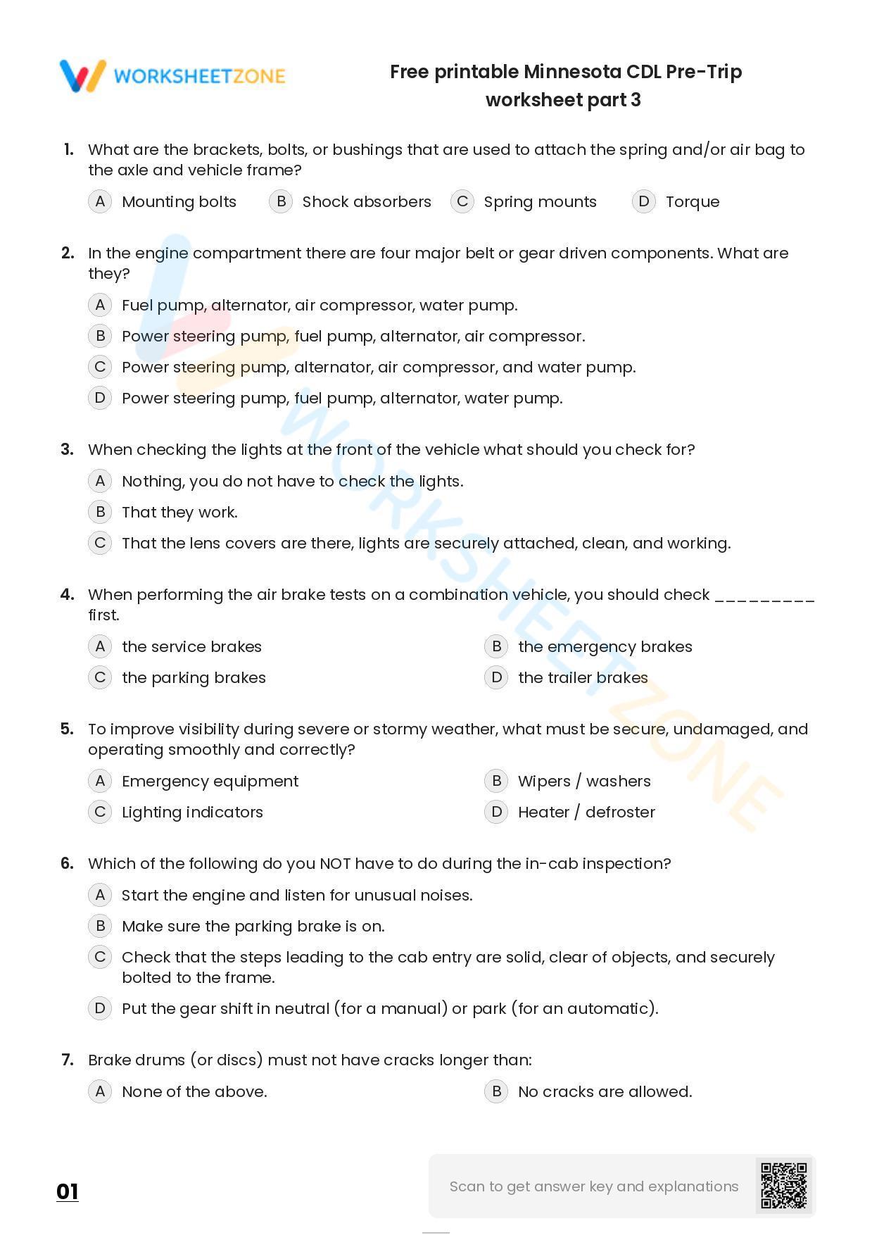 Free printable Minnesota CDL Pre-Trip worksheet part 5 | Worksheet Zone