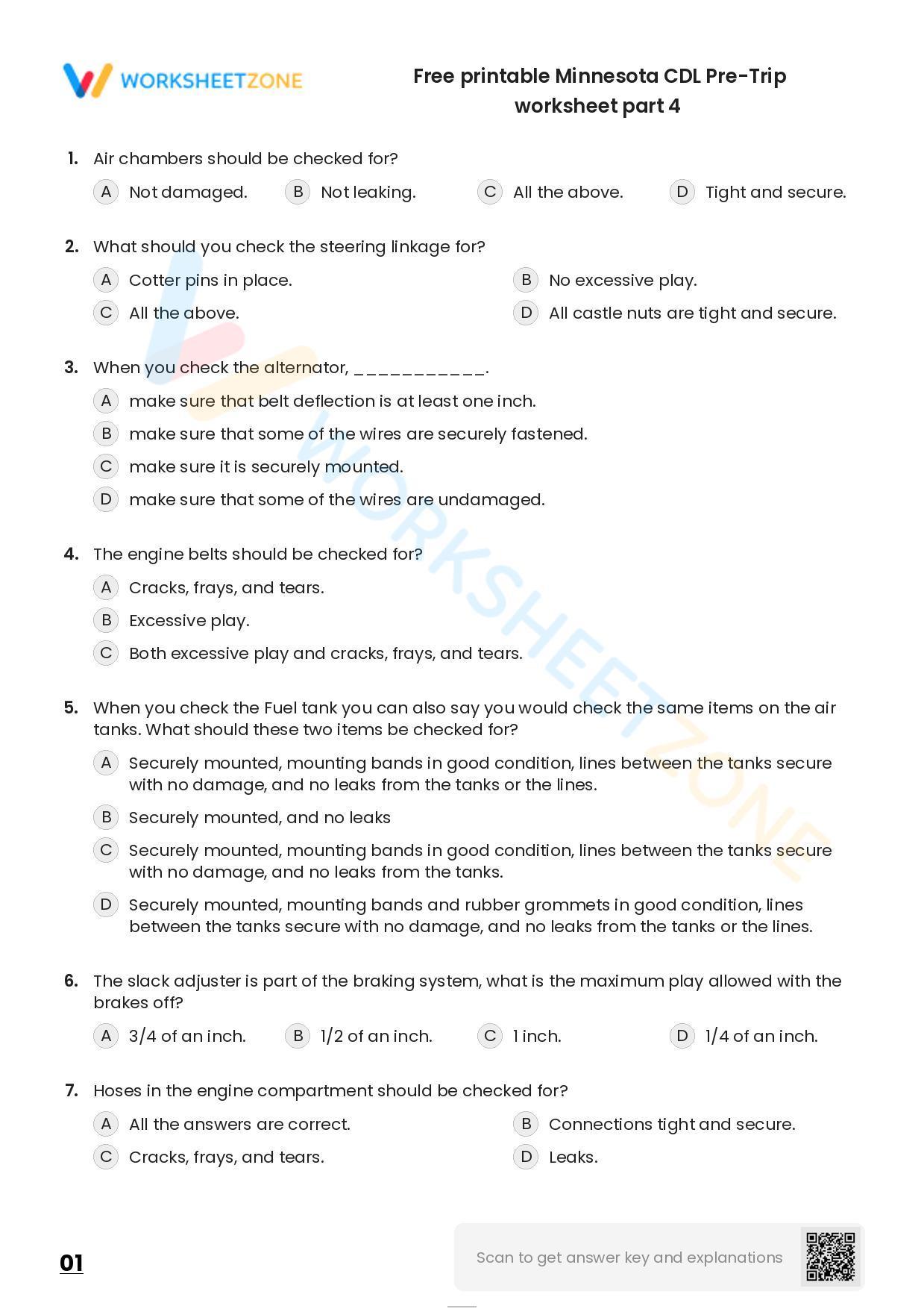 Free printable Minnesota CDL Pre-Trip worksheet part 5 | Worksheet Zone
