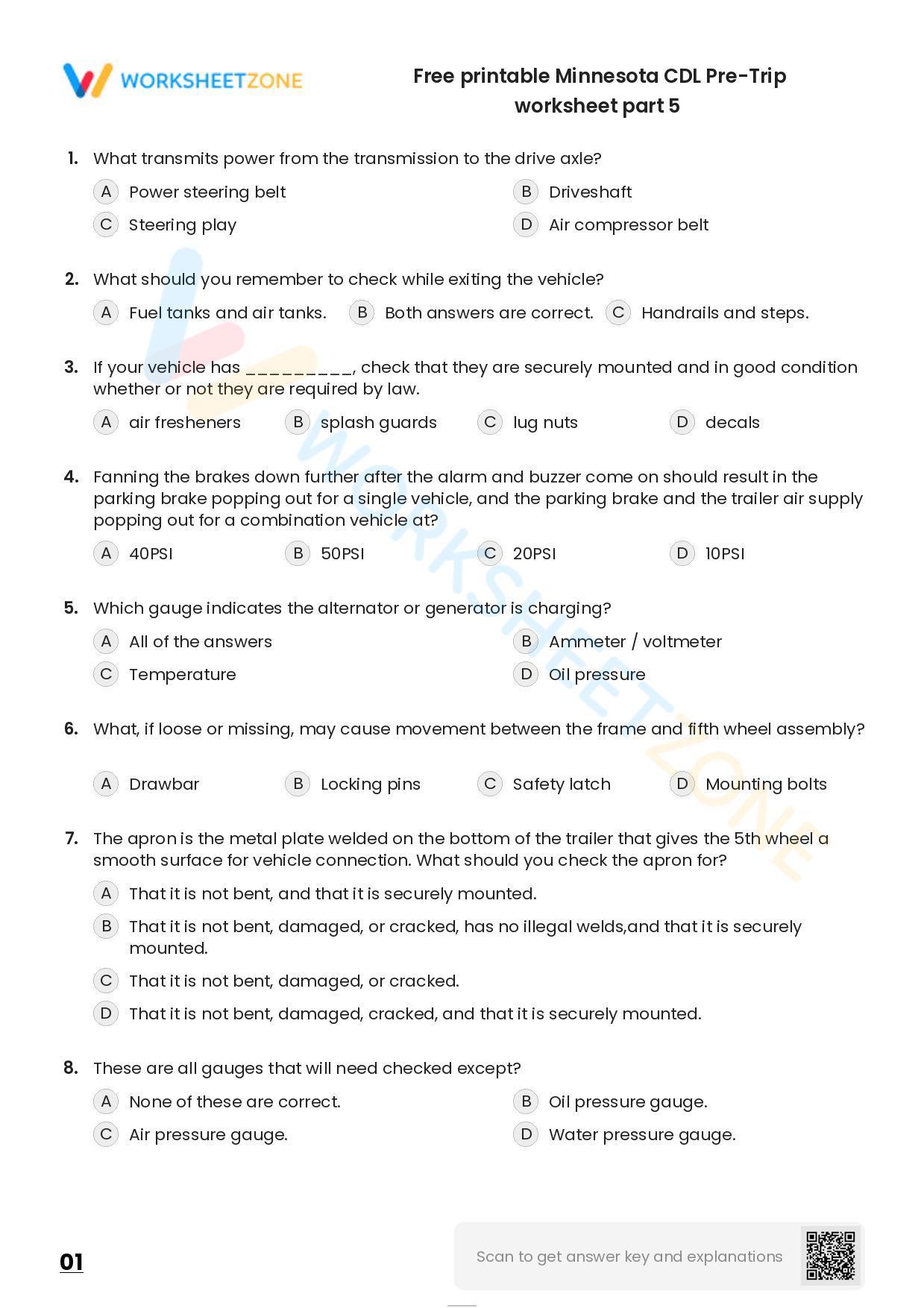 Free Printable Minnesota CDL Pre-Trip Worksheet Part 5