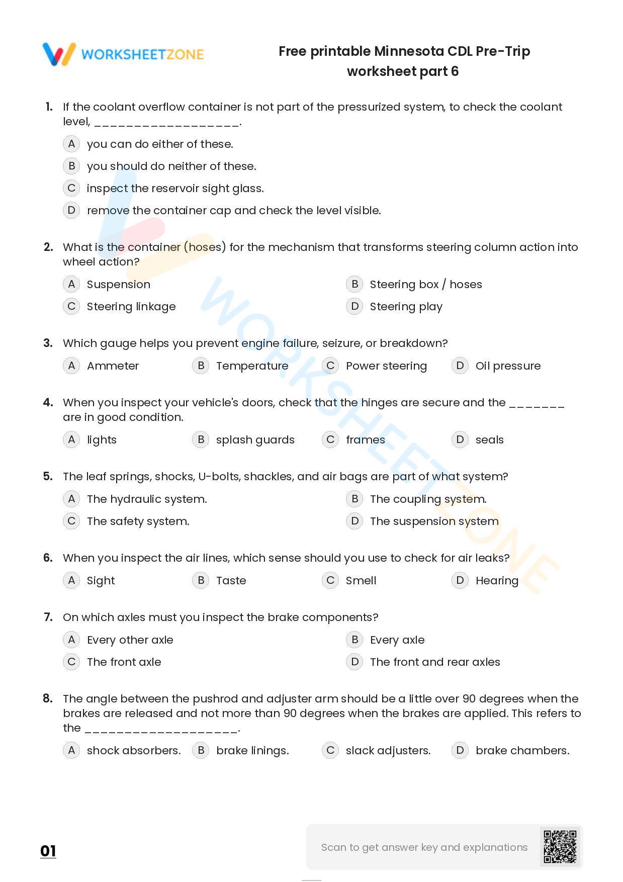 Free Printable Minnesota CDL Pre-Trip Worksheet Part 6