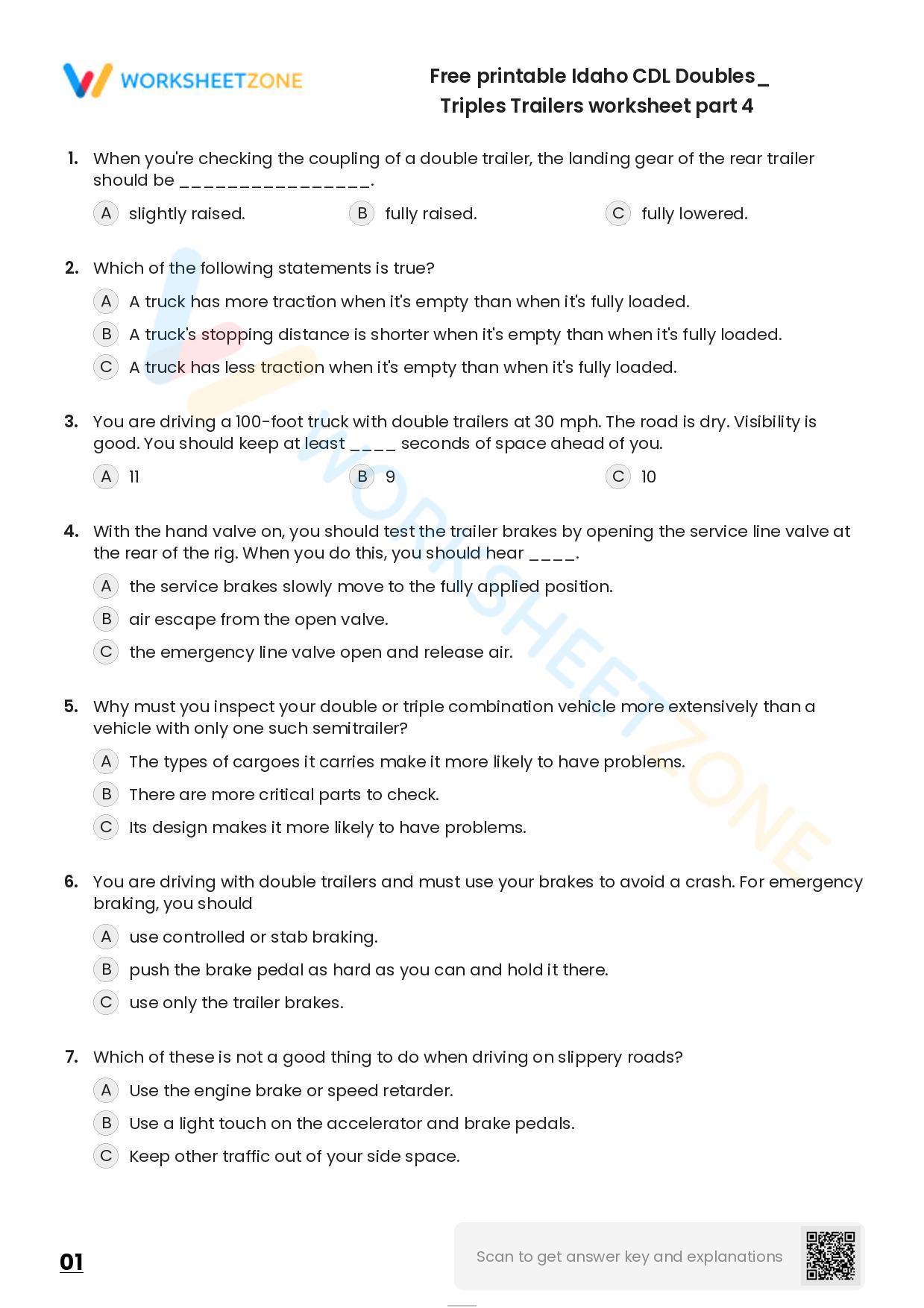 Free Printable Idaho CDL Doubles/ Triples Trailers Worksheet Part 4