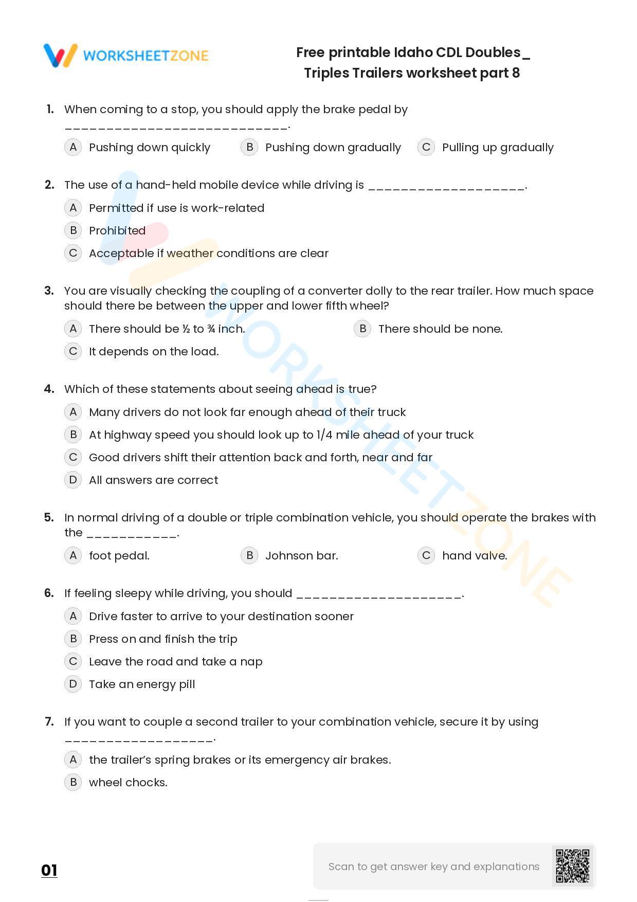 Free Printable Idaho CDL Doubles/ Triples Trailers Worksheet Part 8