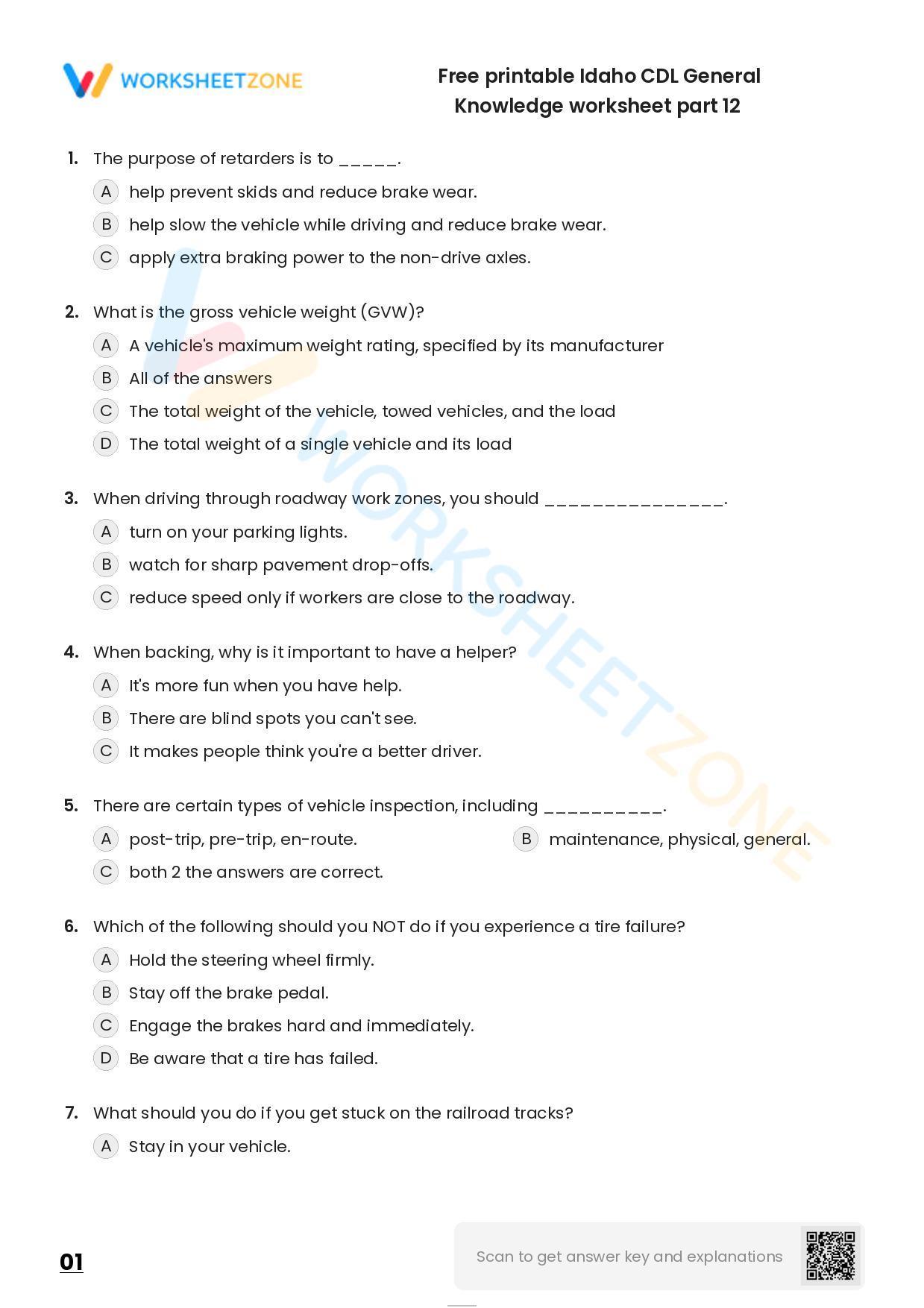 Free Printable Idaho CDL General Knowledge Worksheet Part 12