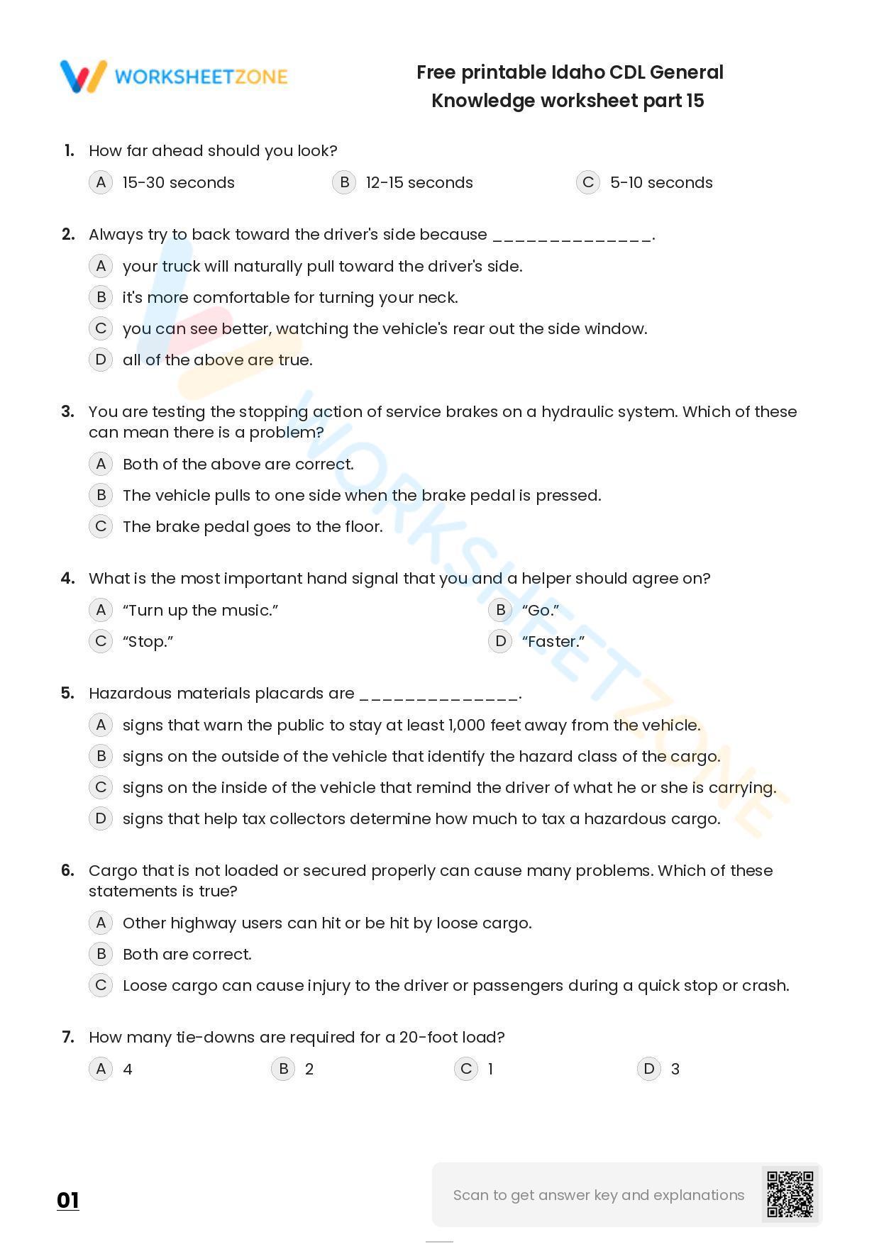 Free Printable Idaho CDL General Knowledge Worksheet Part 15